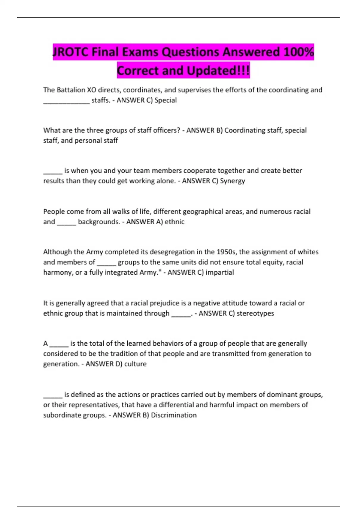 JROTC Final Exams Questions Answered 100% Correct and Updated! - JROTC ...