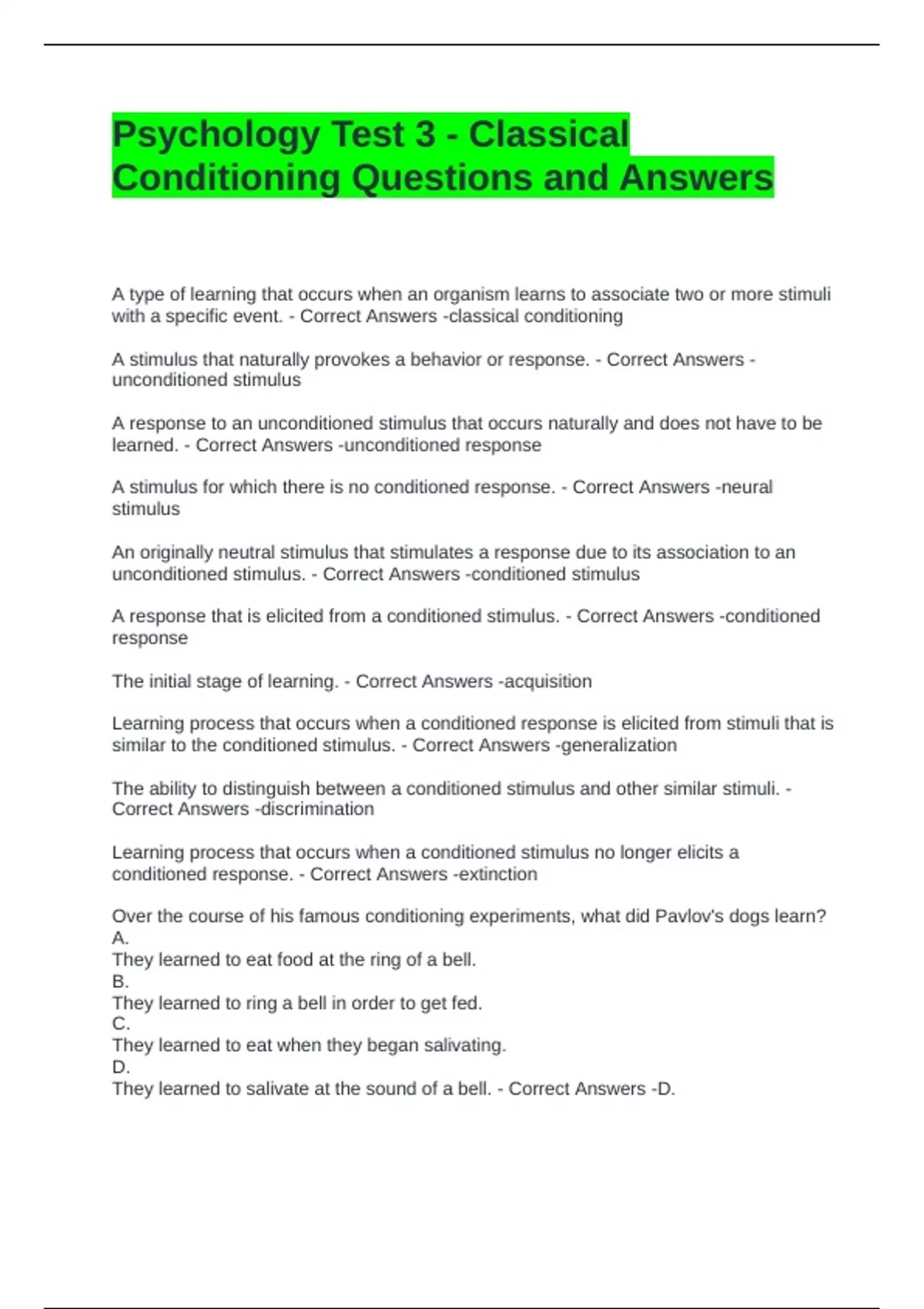 Psychology Test 3 - Classical Conditioning Questions and Answers ...