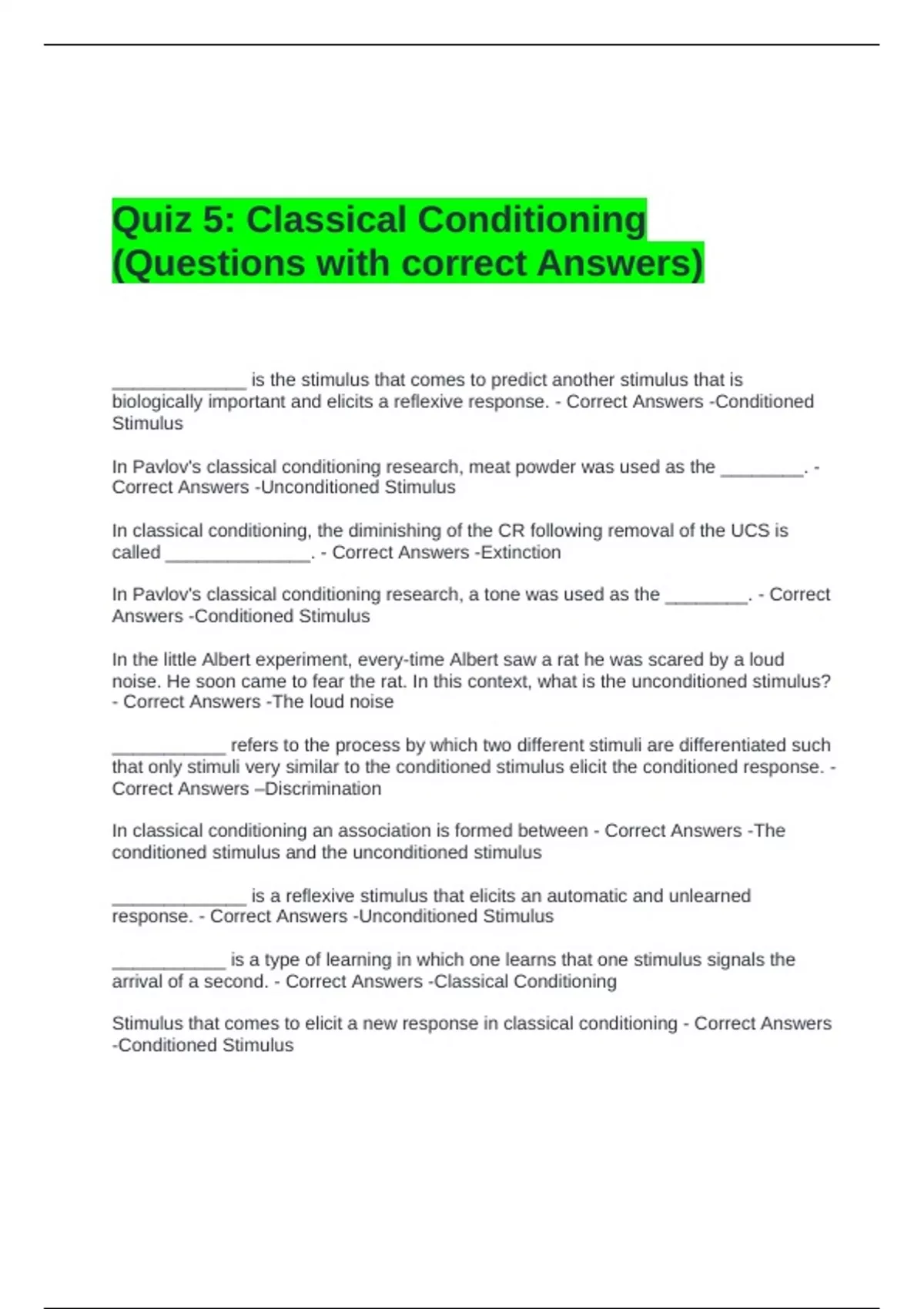 Quiz 5 Classical Conditioning (Questions with correct Answers ...