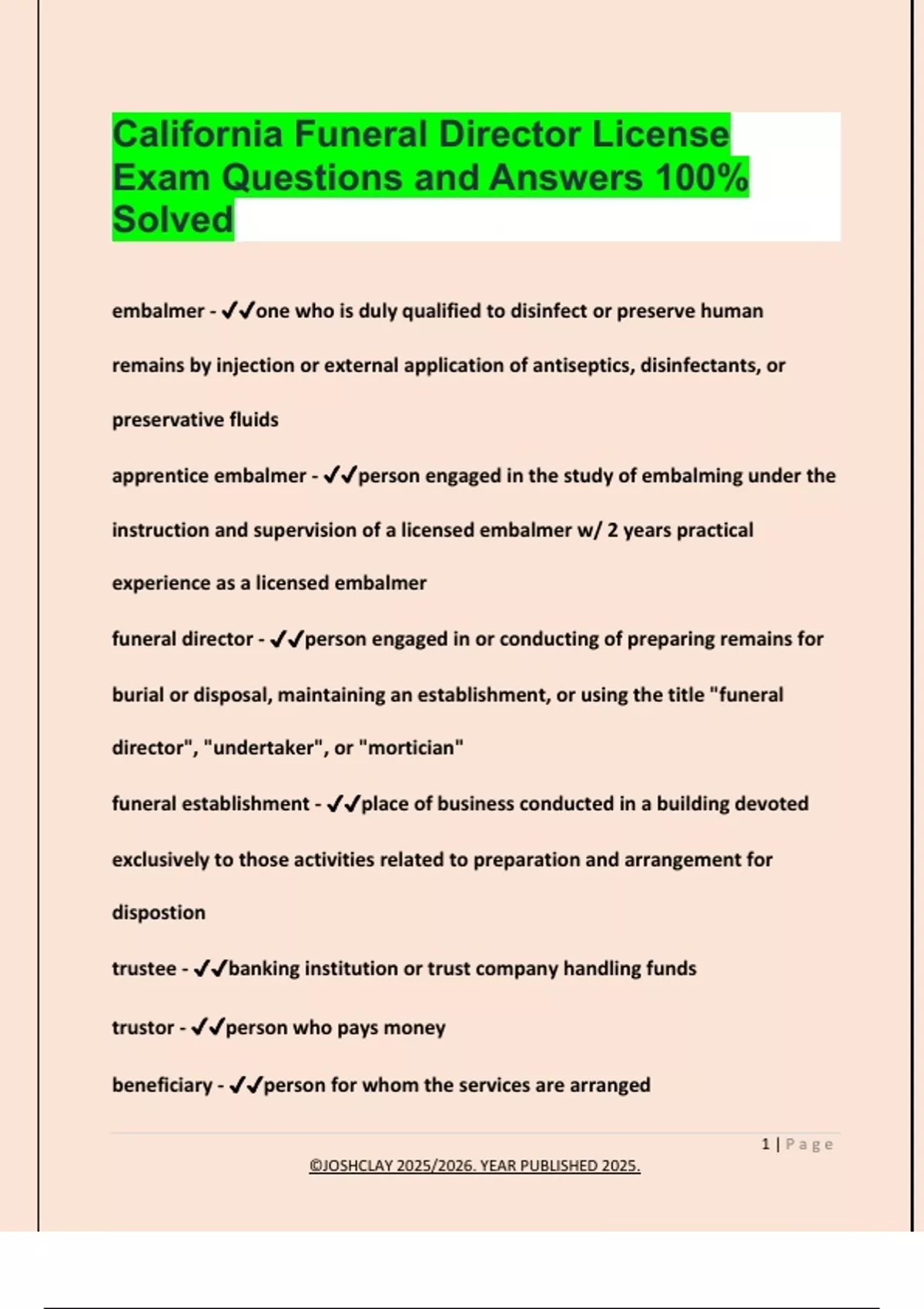 California Funeral Director License Exam Questions and Answers 100% ...