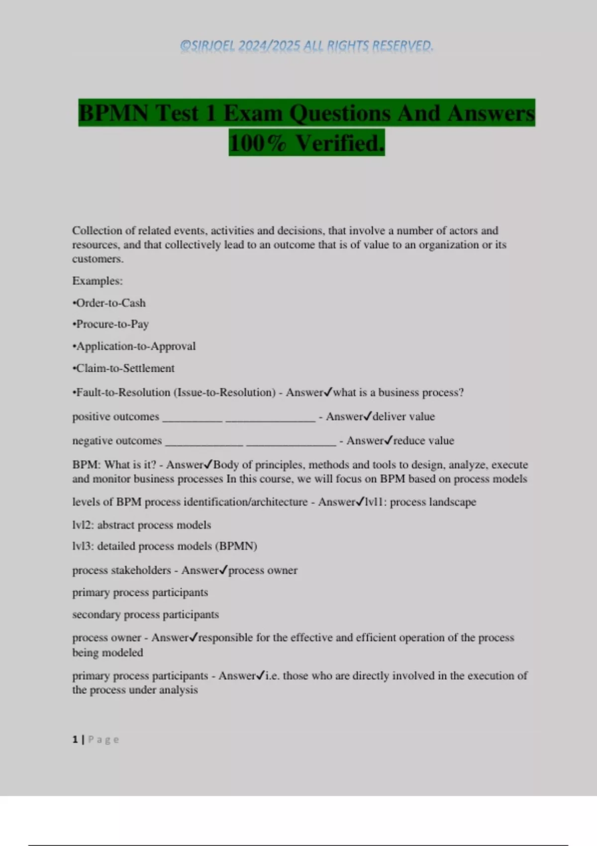 BPMN Test 1 Exam Questions And Answers 100% Verified. - BPMN - Stuvia US