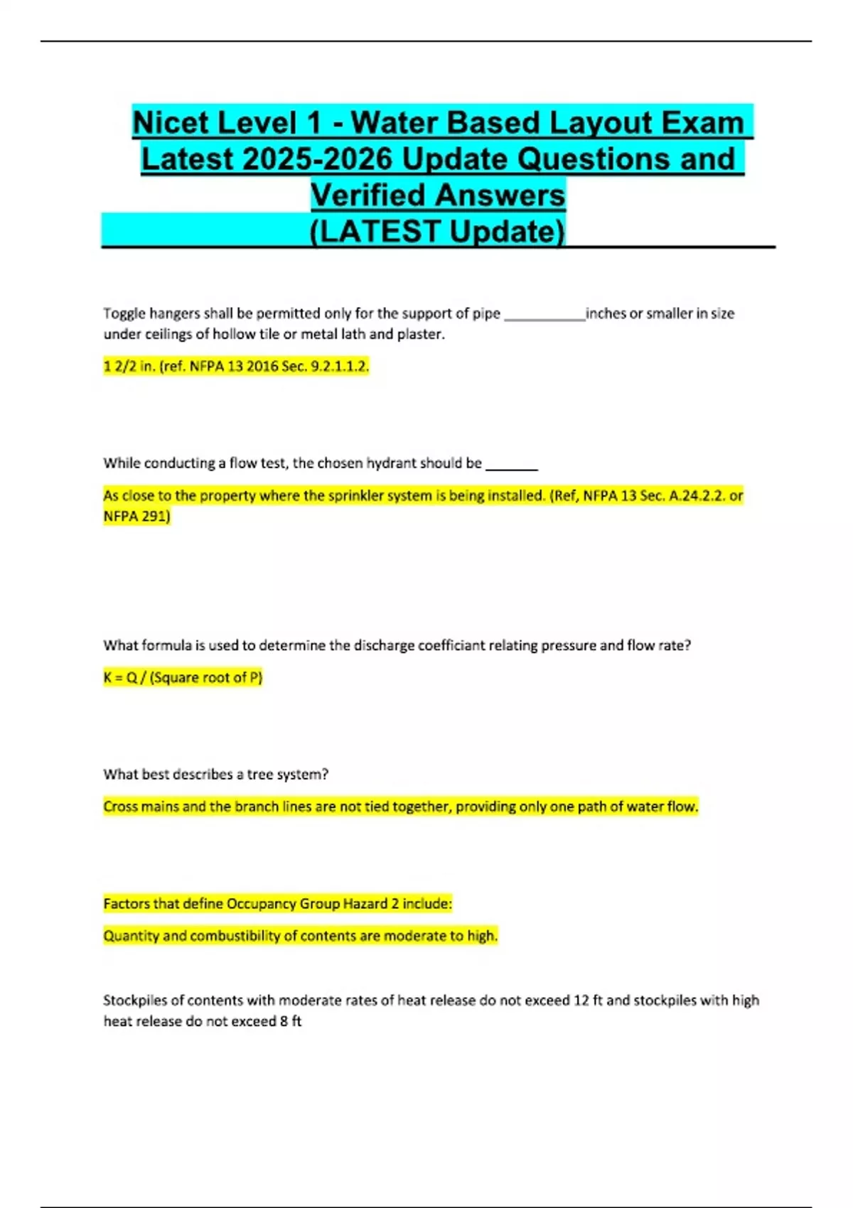 Nicet Level 1 - Water Based Layout Exam Latest Update Questions and ...