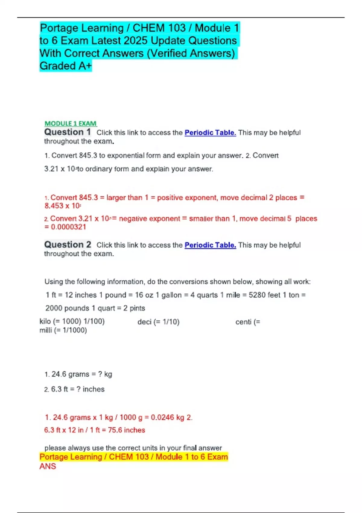 Portage Learning / CHEM 103 / Module 1 to 6 Exam Latest 2025 Update ...