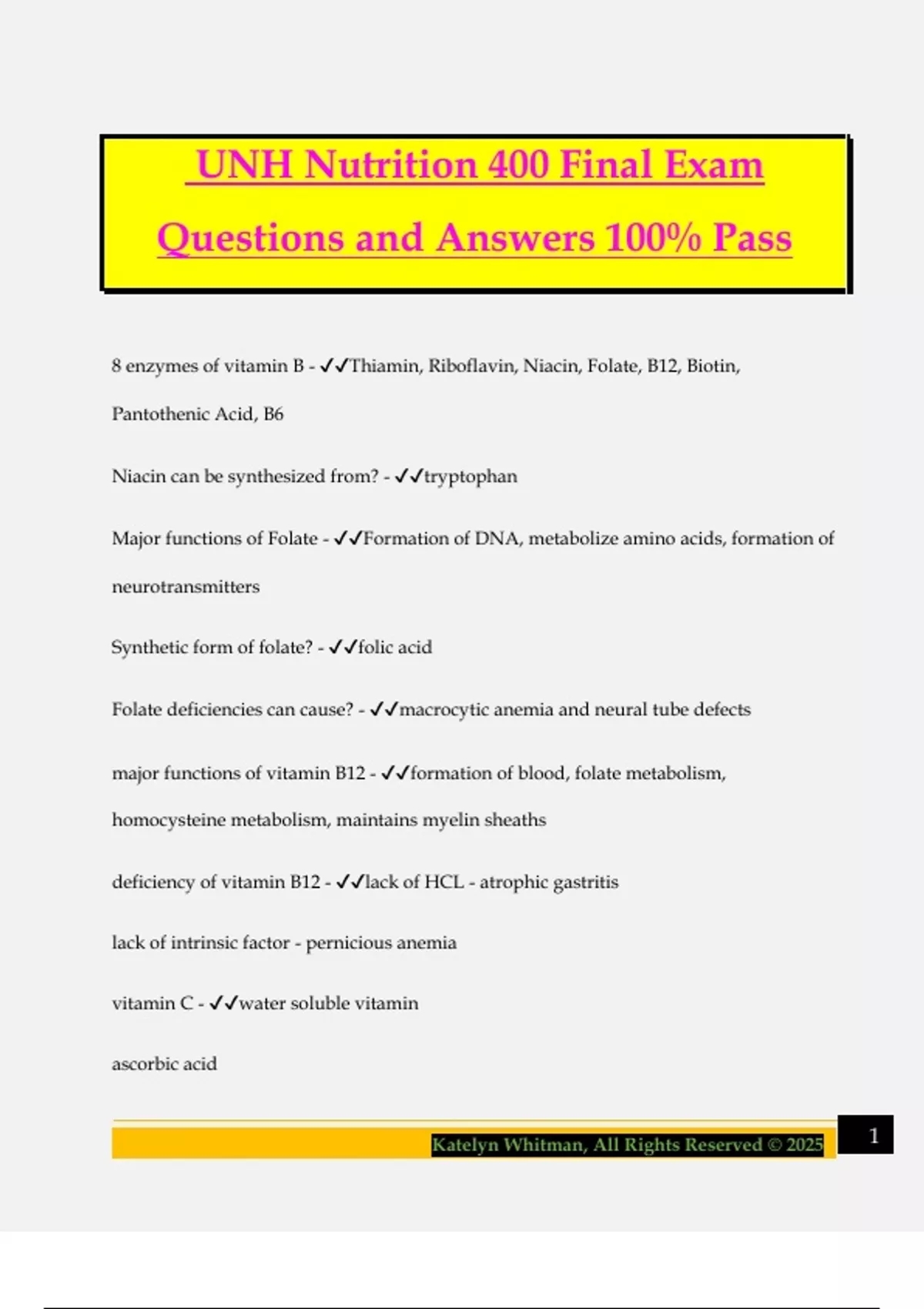 UNH Nutrition 400 Final Exam Questions and Answers 100% Pass - NUTR 400 ...