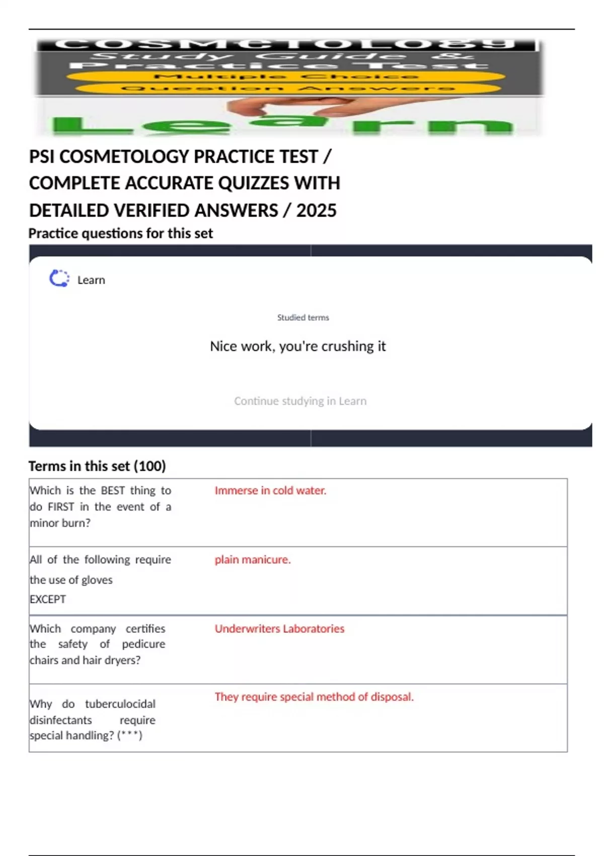 PSI COSMETOLOGY PRACTICE TEST / COMPLETE ACCURATE QUIZZES WITH DETAILED ...