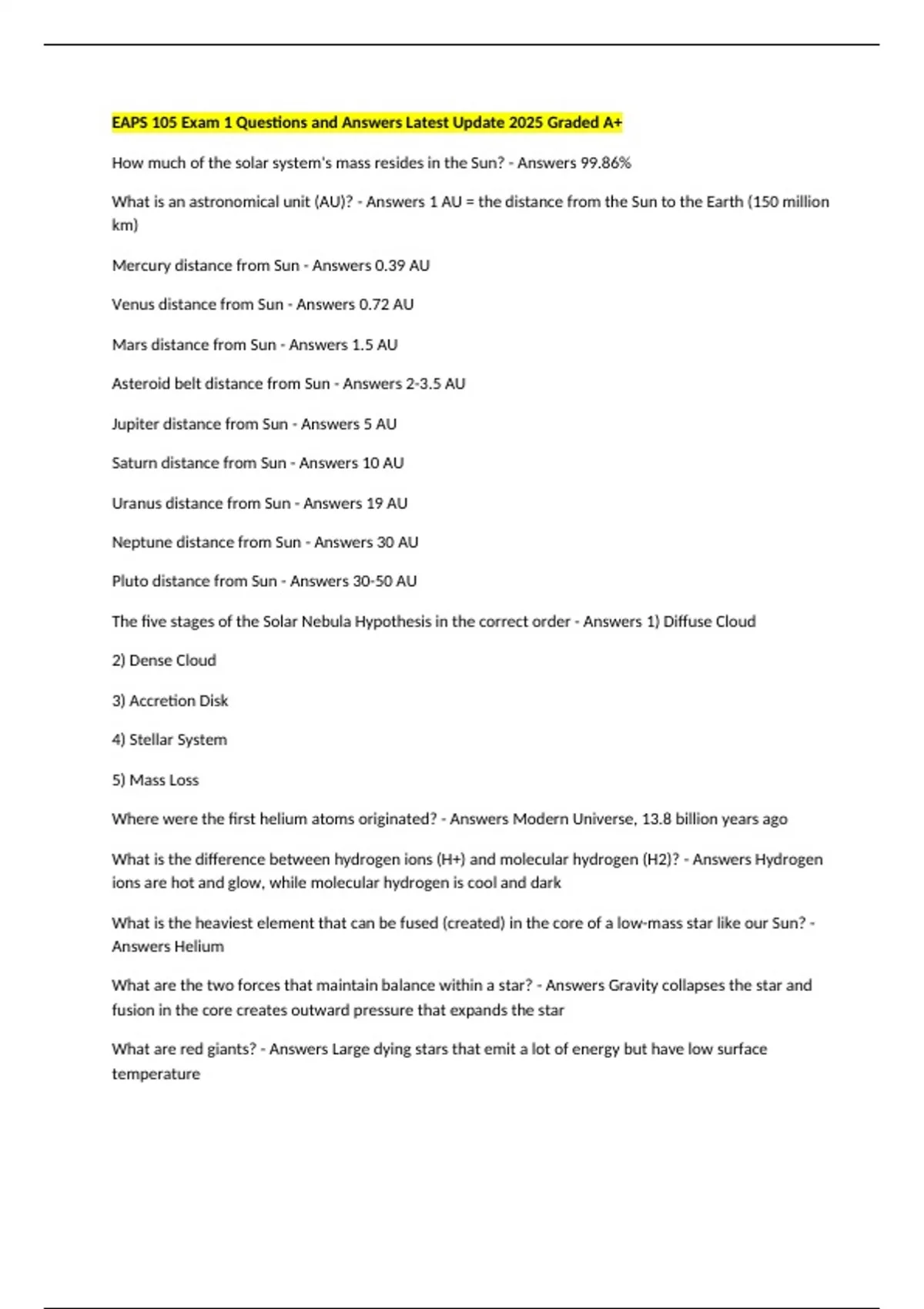 EAPS 105 Exam 1 Questions and Answers Latest Update 2025 Graded A+ ...