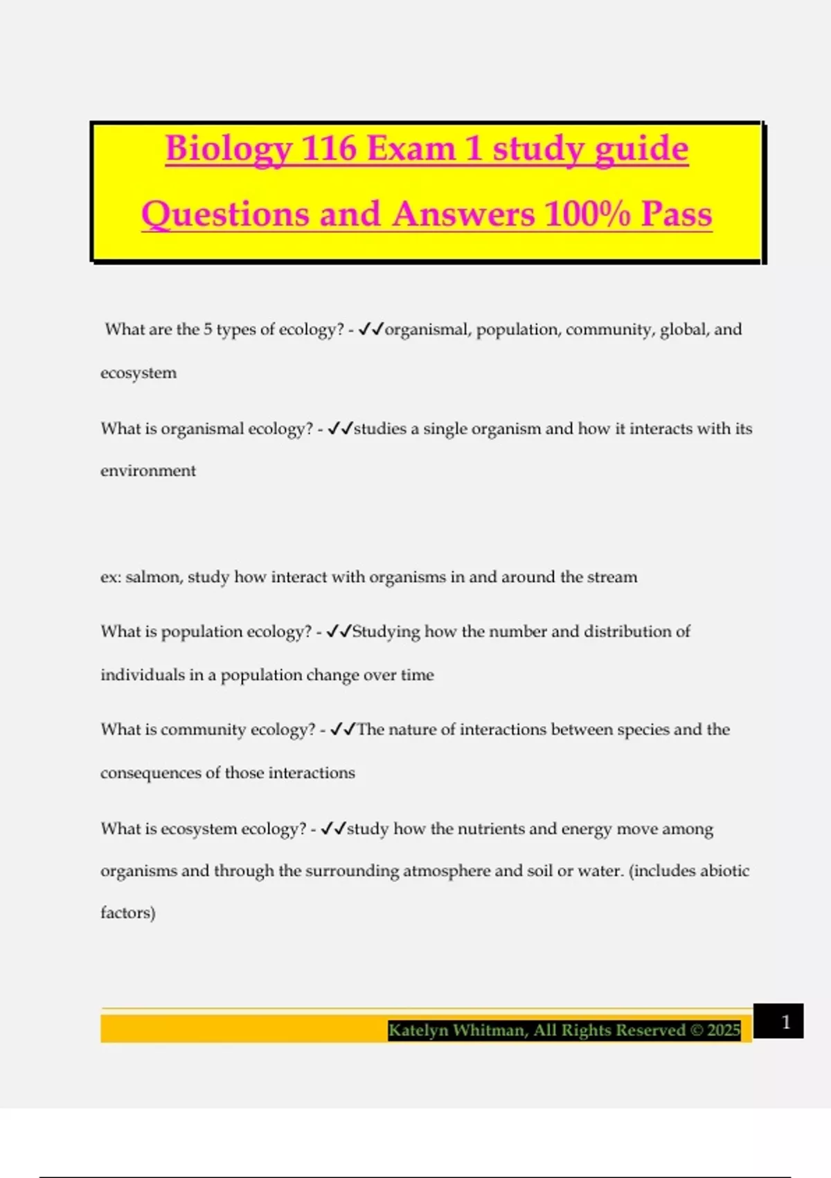 Biology 116 Exam 1 study guide Questions and Answers 100% Pass - BIO ...