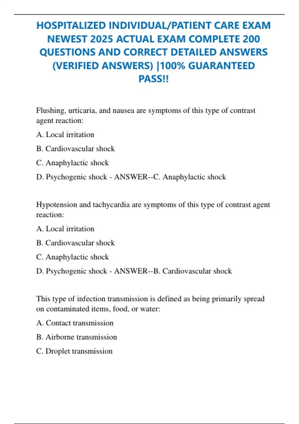 HOSPITALIZED INDIVIDUAL/PATIENT CARE EXAM NEWEST 2025 ACTUAL EXAM ...