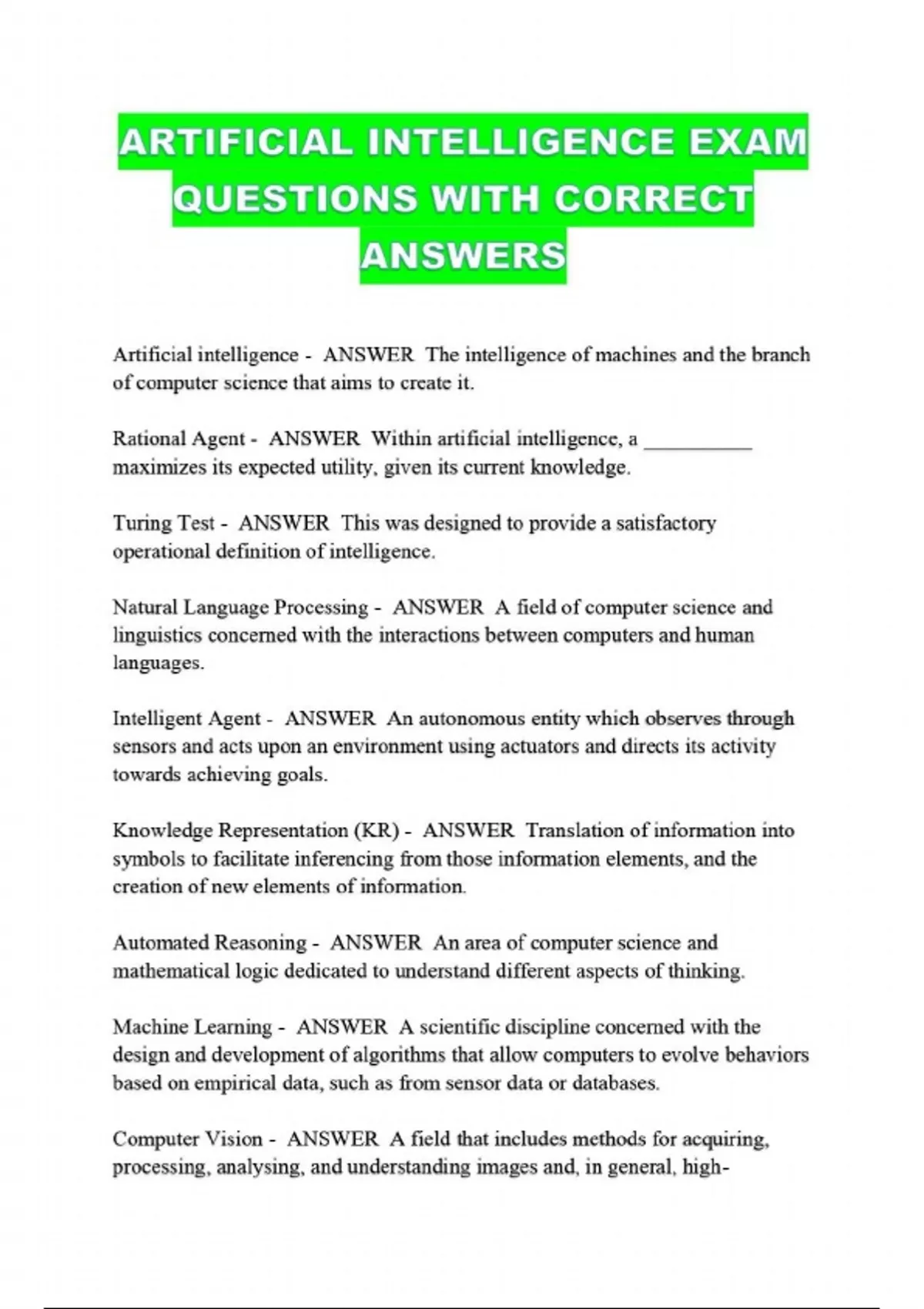 ARTIFICIAL INTELLIGENCE EXAM QUESTIONS WITH CORRECT ANSWERS - ARTIFICIAL INTELLIGENCE - Stuvia US