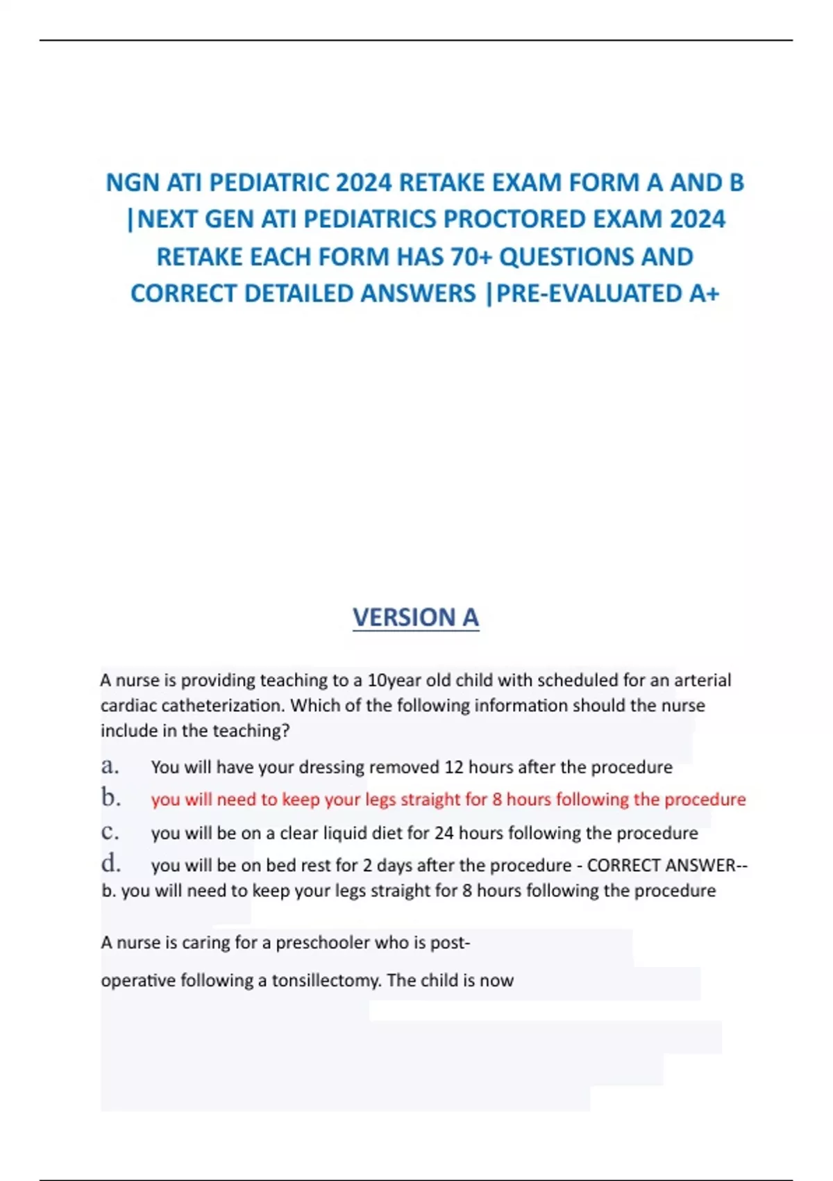 NGN ATI PEDIATRIC 2024 RETAKE EXAM FORM A AND B |NEXT GEN ATI ...