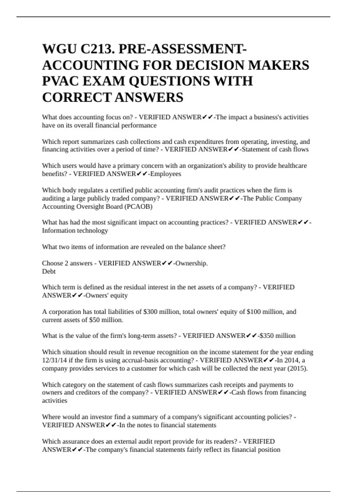 WGU C213. PRE-ASSESSMENT- ACCOUNTING FOR DECISION MAKERS PVAC EXAM ...