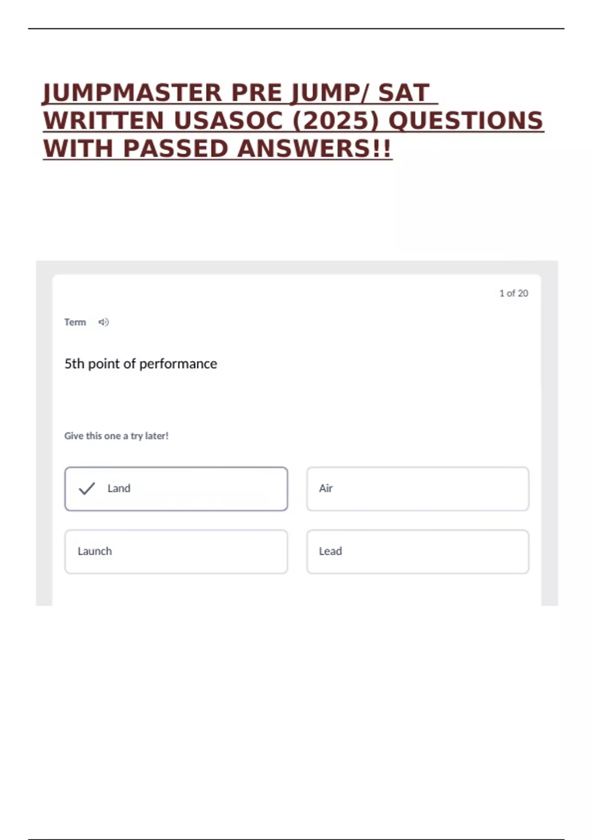 JUMPMASTER PRE JUMP/ SAT WRITTEN USASOC (2025) QUESTIONS WITH PASSED ...