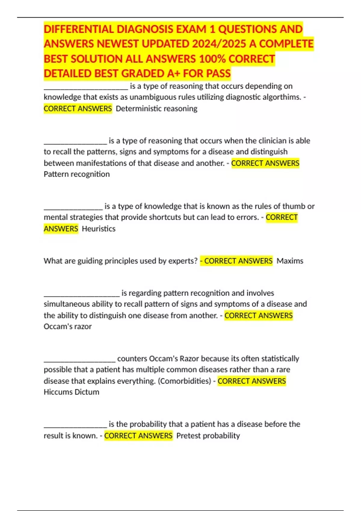 DIFFERENTIAL DIAGNOSIS EXAM 1 QUESTIONS AND ANSWERS NEWEST UPDATED 2024 ...