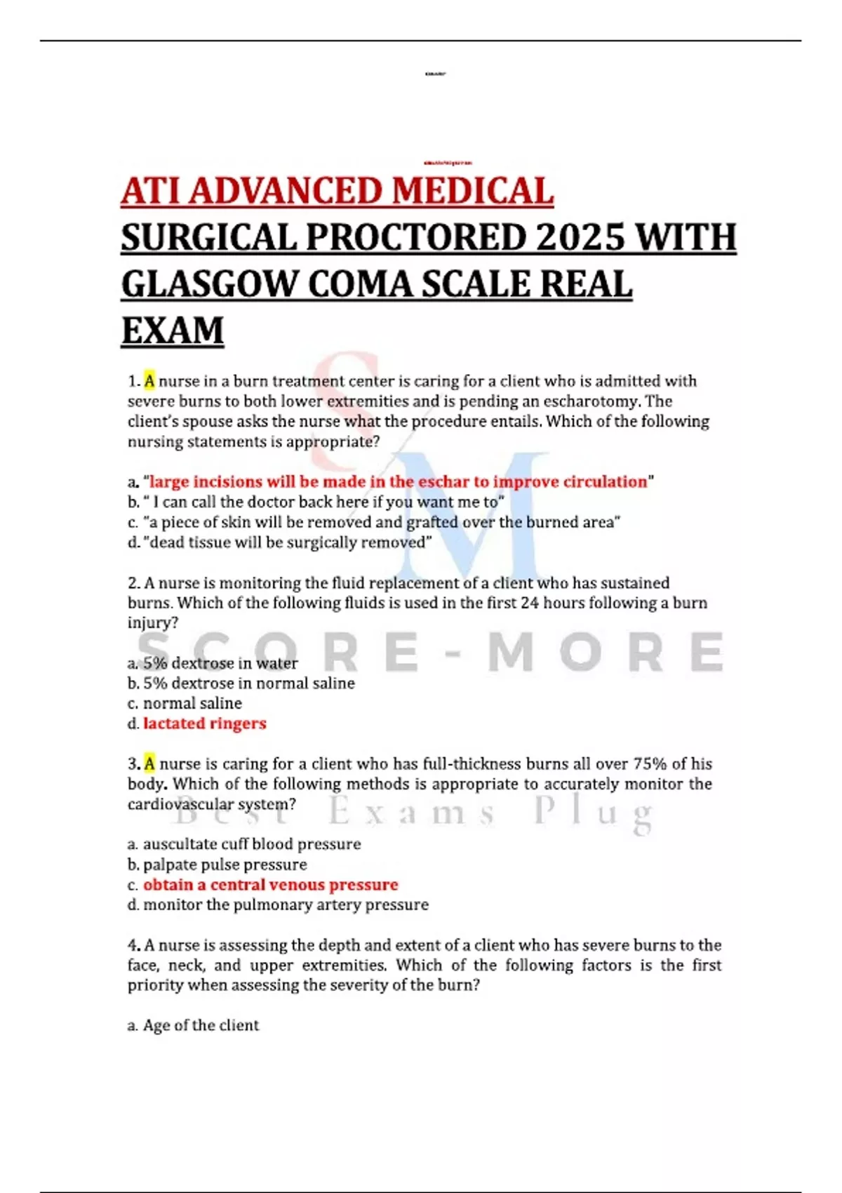 ATI ADVANCED MEDICAL SURGICAL PROCTORED 2025 WITH GLASGOW COMA SCALE REAL EXAM - ATI ADVANCED ...