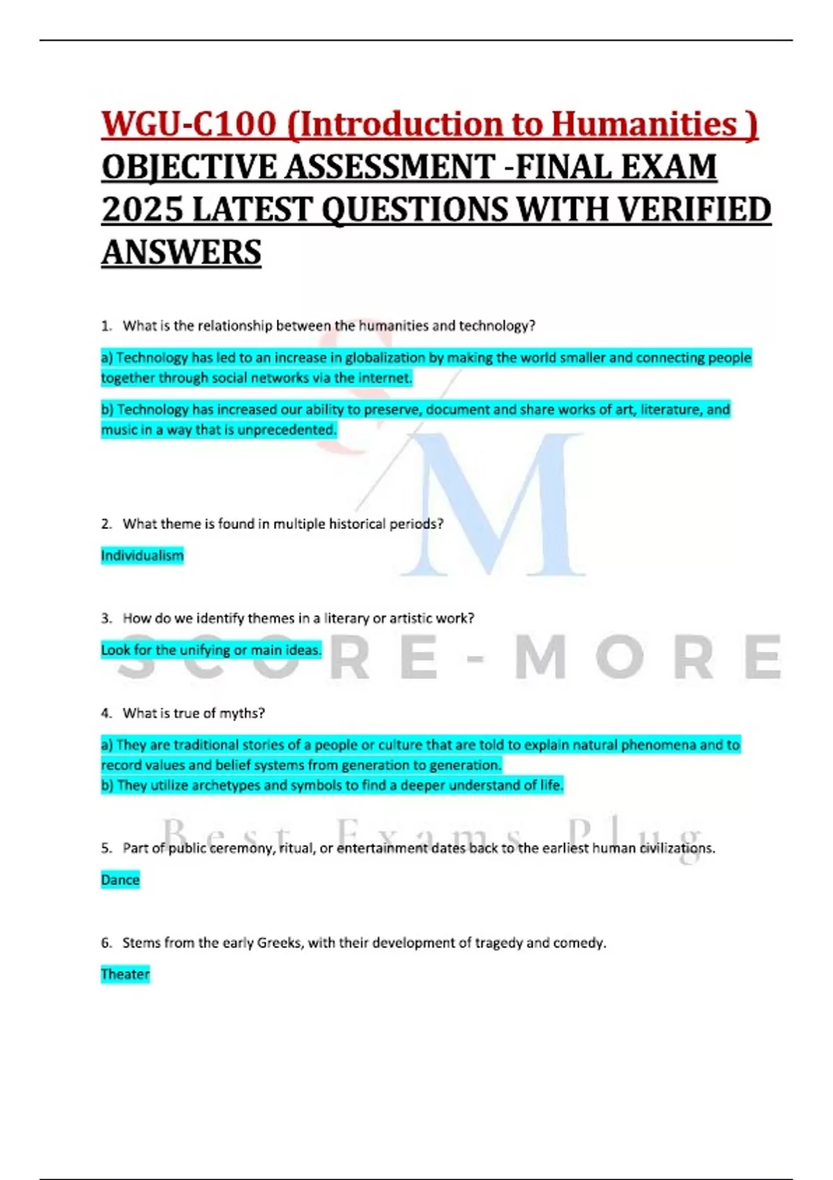 WGU-C100 (Introduction to Humanities ) OBJECTIVE ASSESSMENT -FINAL EXAM ...