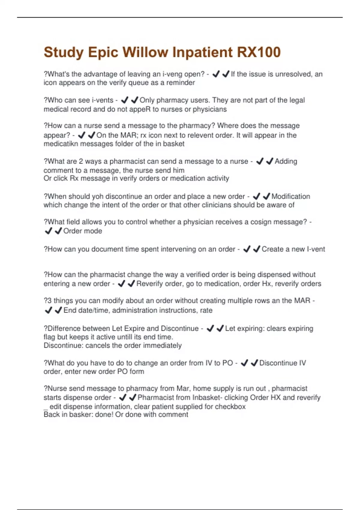 Study Epic Willow Inpatient RX100 Questions and Answers|2025 Update|100 ...