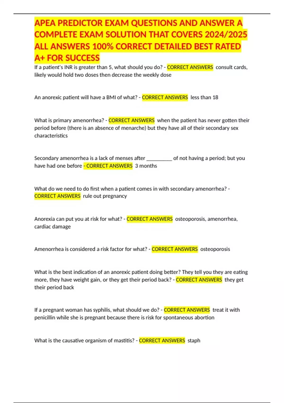 APEA PREDICTOR EXAM QUESTIONS AND ANSWER A COMPLETE EXAM SOLUTION THAT COVERS 2024/2025 ALL ...