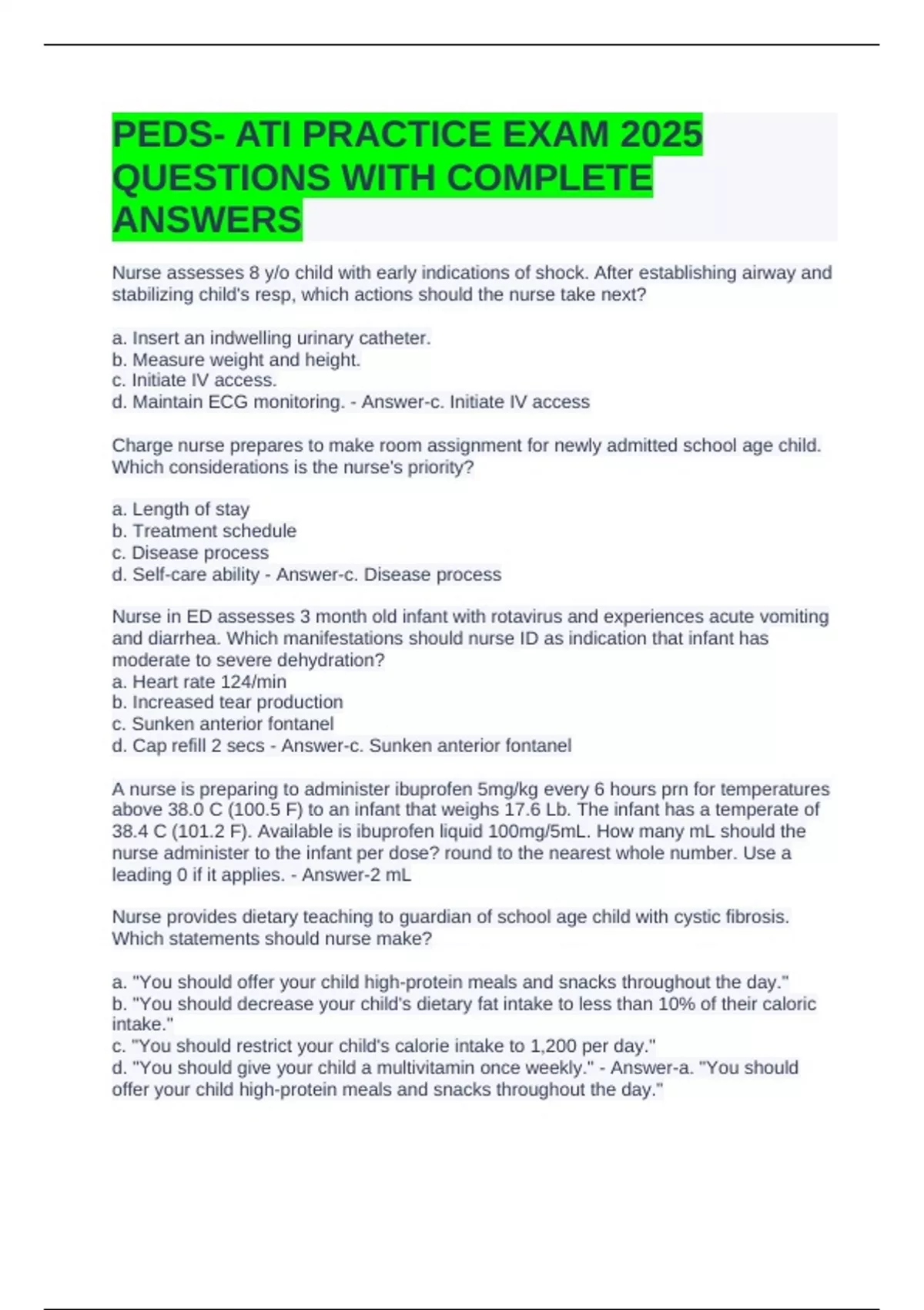 PEDS- ATI PRACTICE EXAM 2025 QUESTIONS WITH COMPLETE ANSWERS - ATI ...