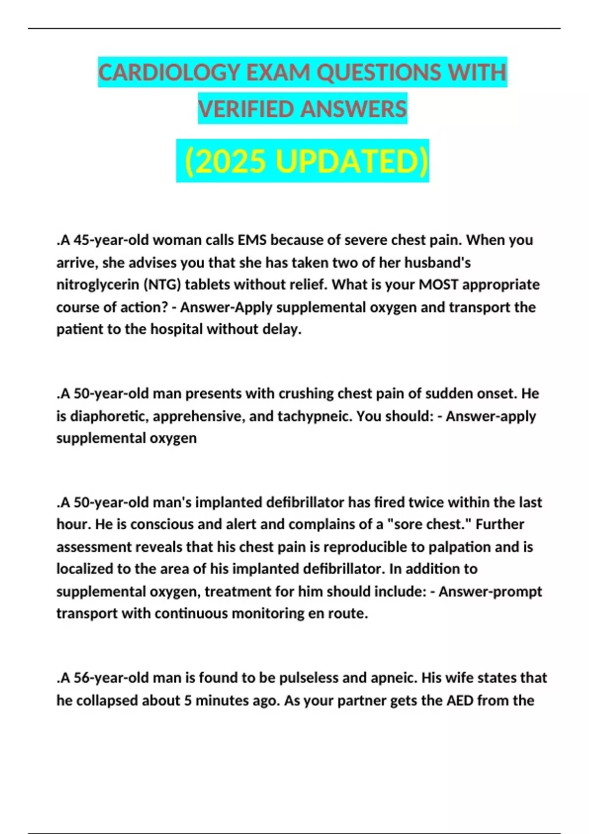 CARDIOLOGY EXAM QUESTIONS WITH VERIFIED ANSWERS (2025 UPDATED ...