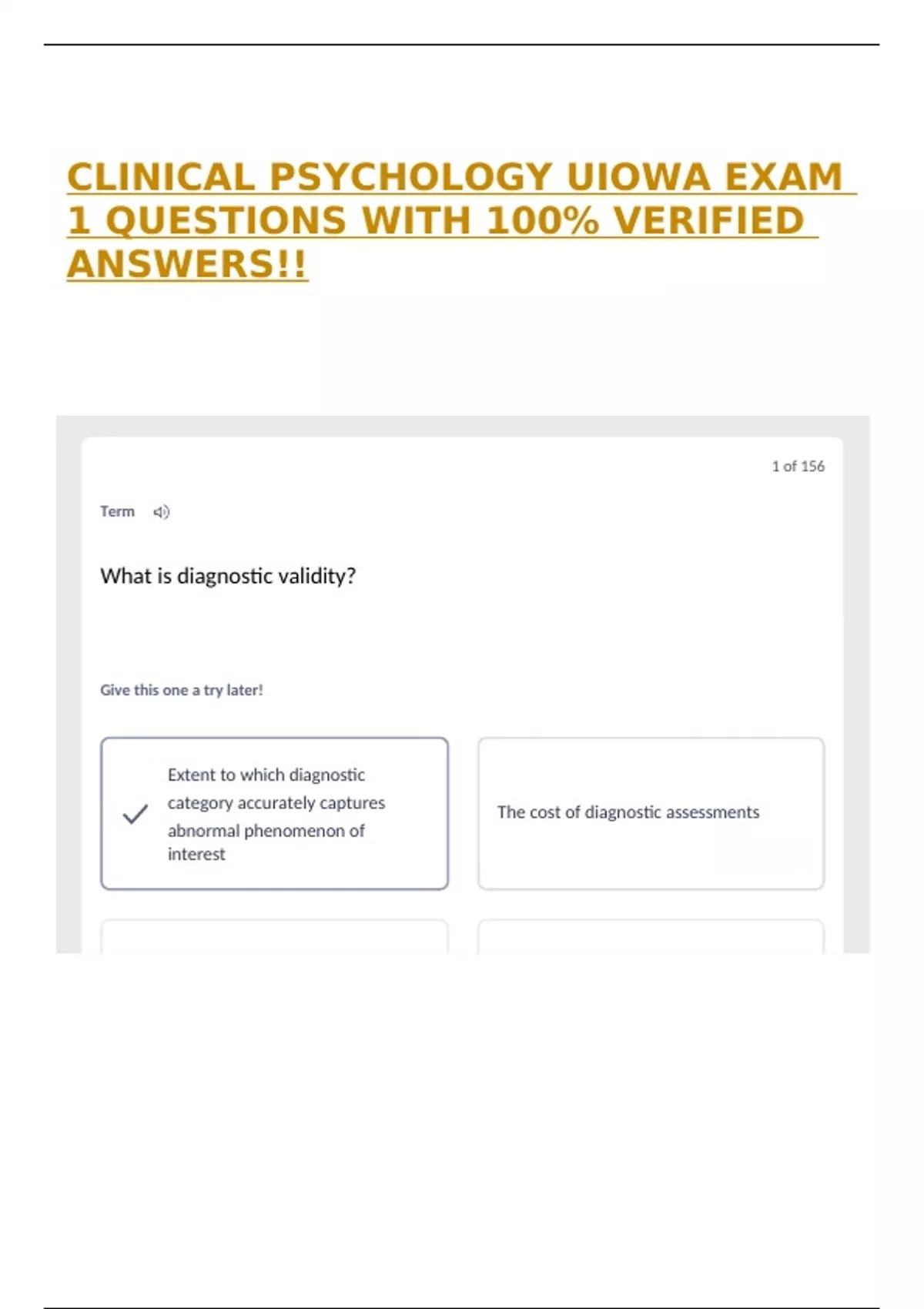 CLINICAL PSYCHOLOGY UIOWA EXAM 1 QUESTIONS WITH 100% VERIFIED ANSWERS ...