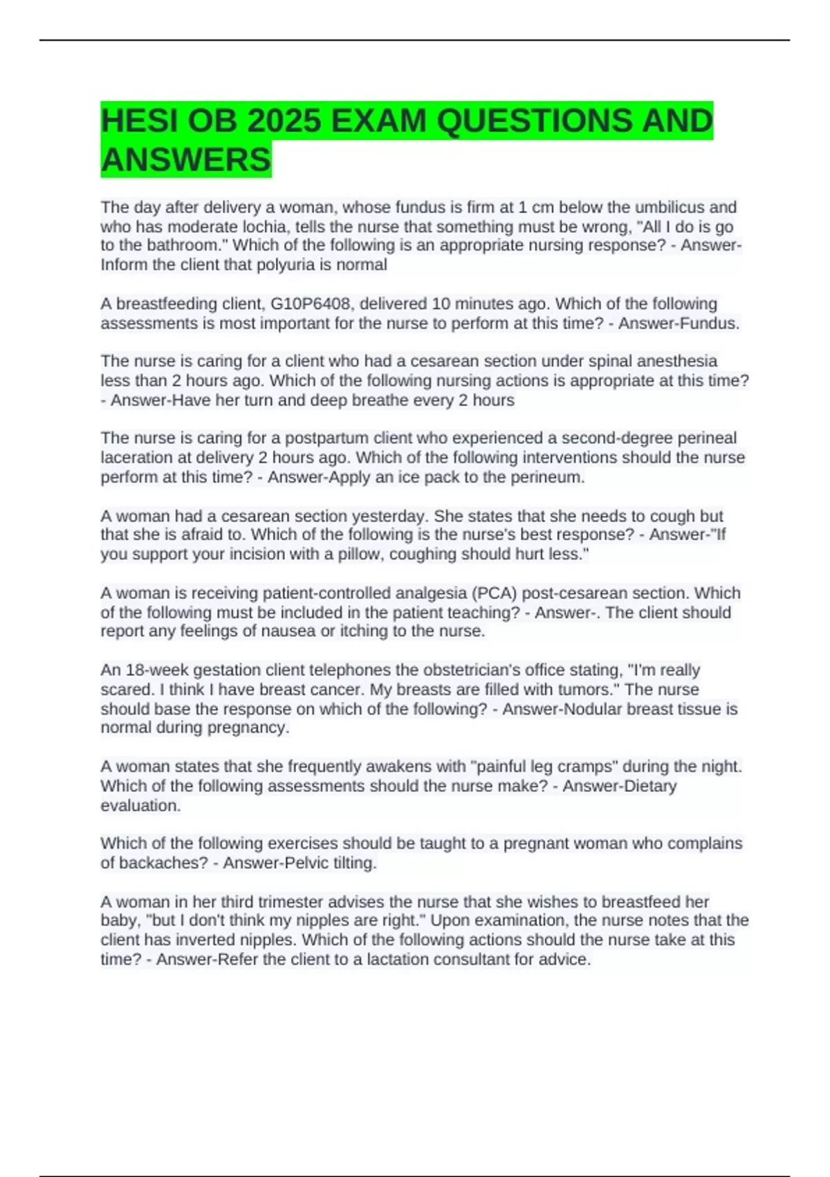 HESI OB 2025 EXAM QUESTIONS AND ANSWERS - OB HESI - Stuvia US