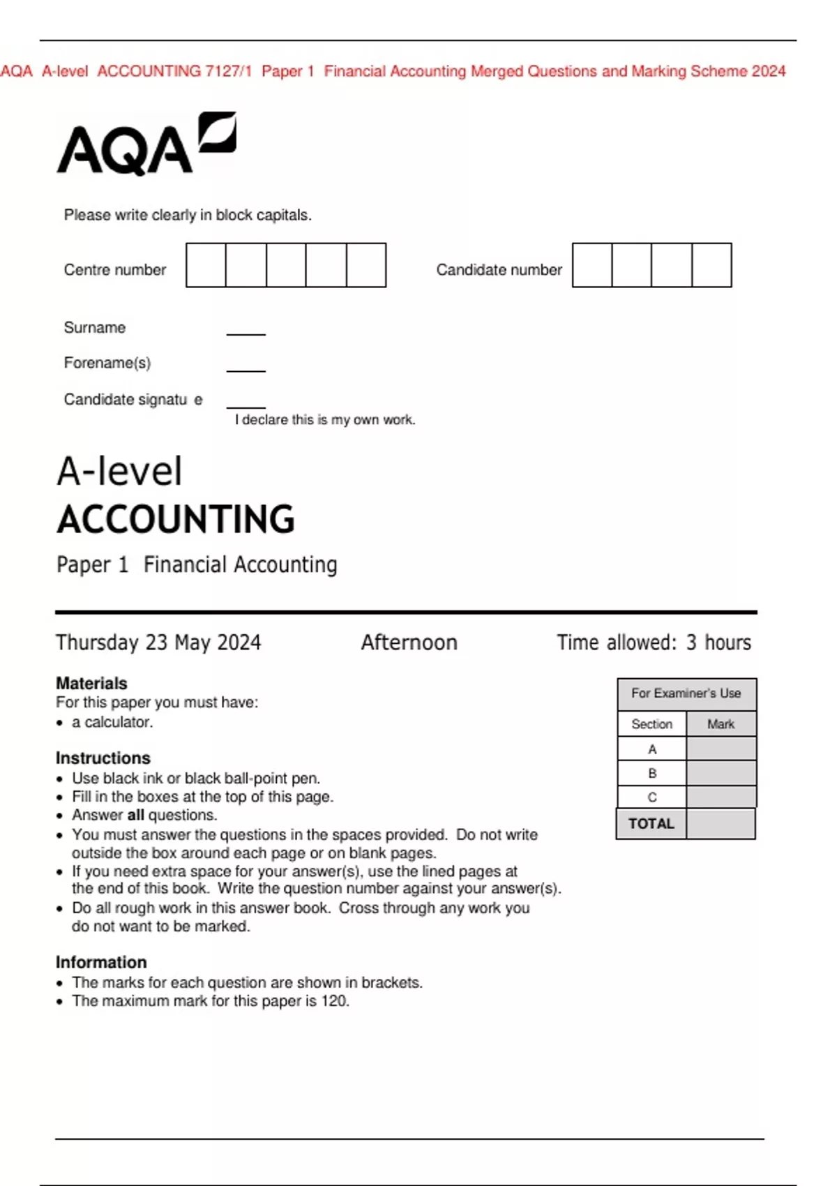 AQA A-level ACCOUNTING 7127/1 Paper 1 Financial Accounting Merged ...