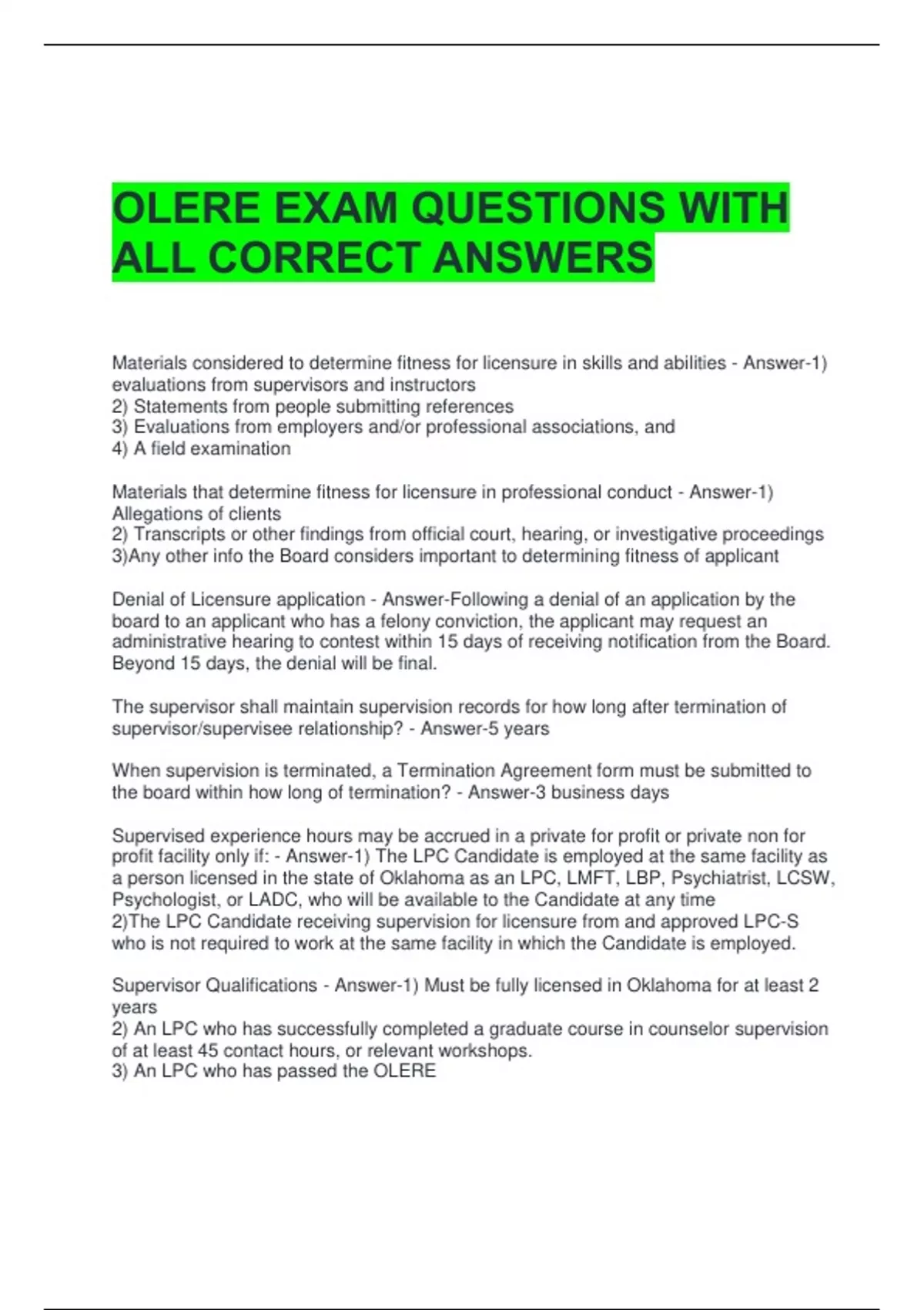 OLERE EXAM QUESTIONS WITH ALL CORRECT ANSWERS - OLERE - Stuvia US