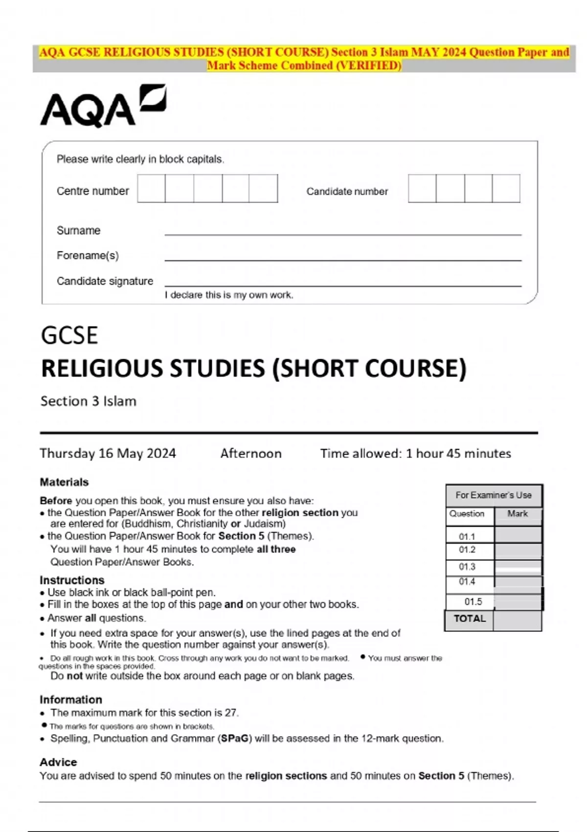 AQA GCSE RELIGIOUS STUDIES (SHORT COURSE) Section 3 Islam MAY 2024 ...