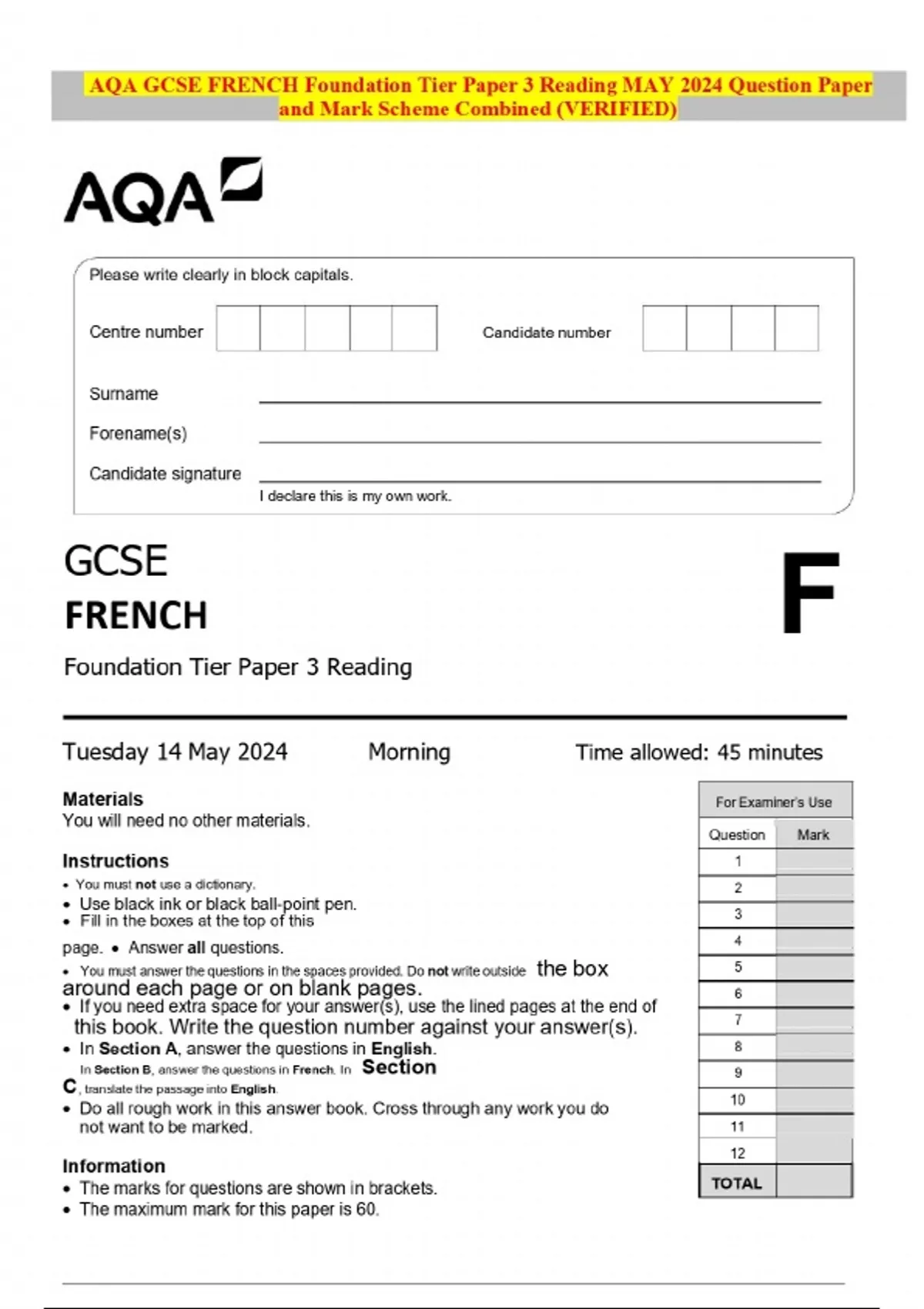 AQA GCSE FRENCH Foundation Tier Paper 3 Reading MAY 2024 Question Paper ...