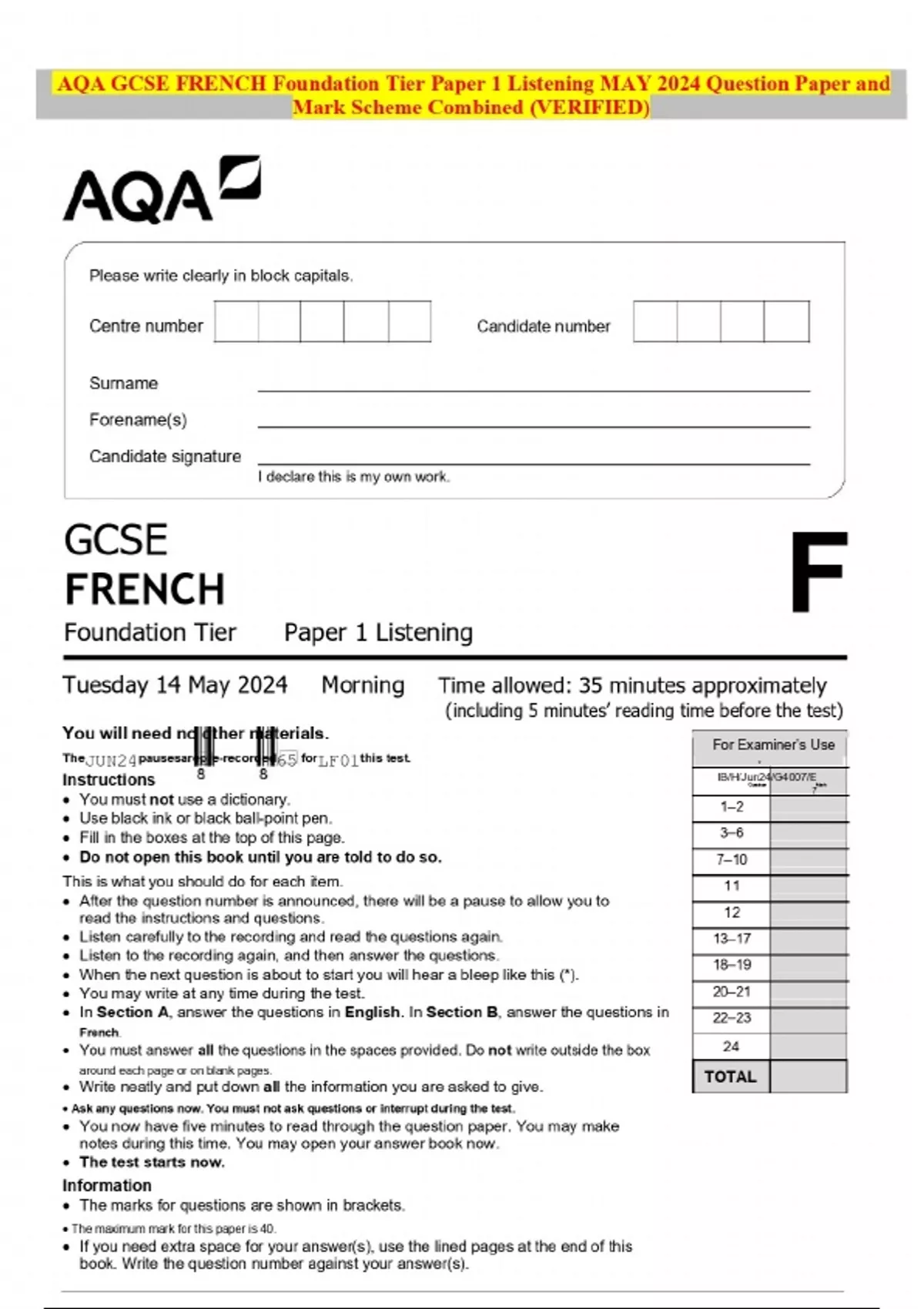 AQA GCSE FRENCH Foundation Tier Paper 1 Listening MAY 2024 Question ...