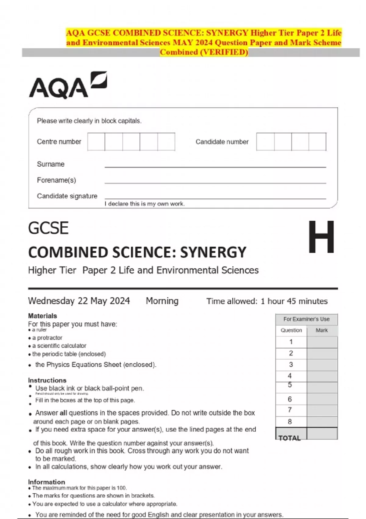 AQA GCSE COMBINED SCIENCE: SYNERGY Higher Tier Paper 2 Life and ...