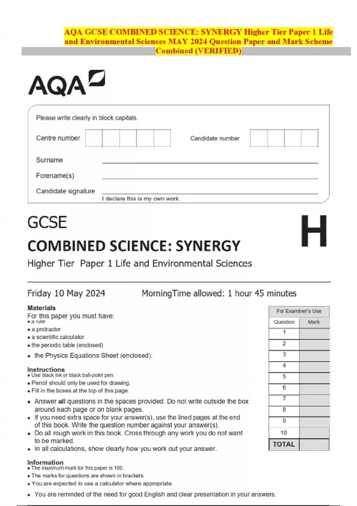 AQA GCSE COMBINED SCIENCE: SYNERGY Higher Tier Paper 1 Life and ...