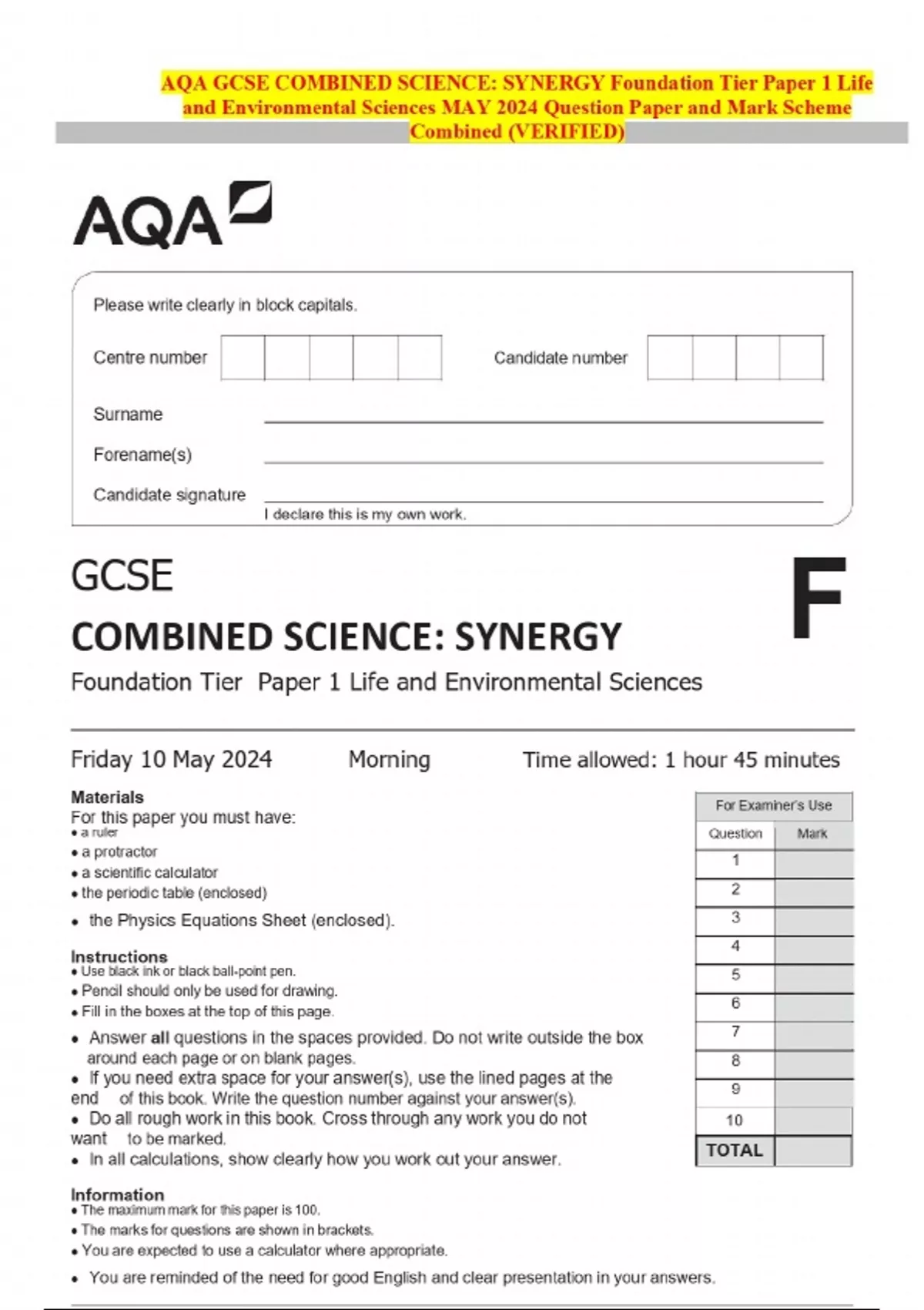 AQA GCSE COMBINED SCIENCE: SYNERGY Foundation Tier Paper 1 Life and ...
