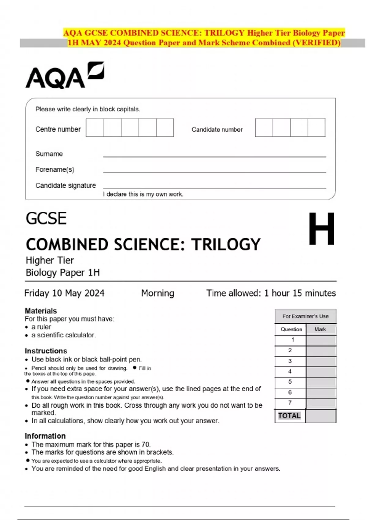AQA GCSE COMBINED SCIENCE: TRILOGY Higher Tier Biology Paper 1H MAY 2024 Question Paper and Mark ...