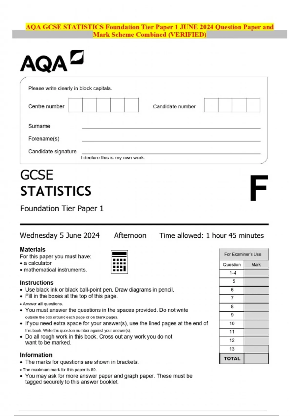 AQA GCSE STATISTICS Foundation Tier Paper 1 JUNE 2024 Question Paper ...