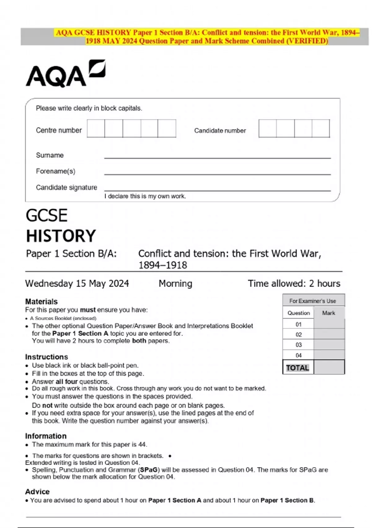 AQA GCSE HISTORY Paper 1 Section B/A: Conflict and tension: the First ...