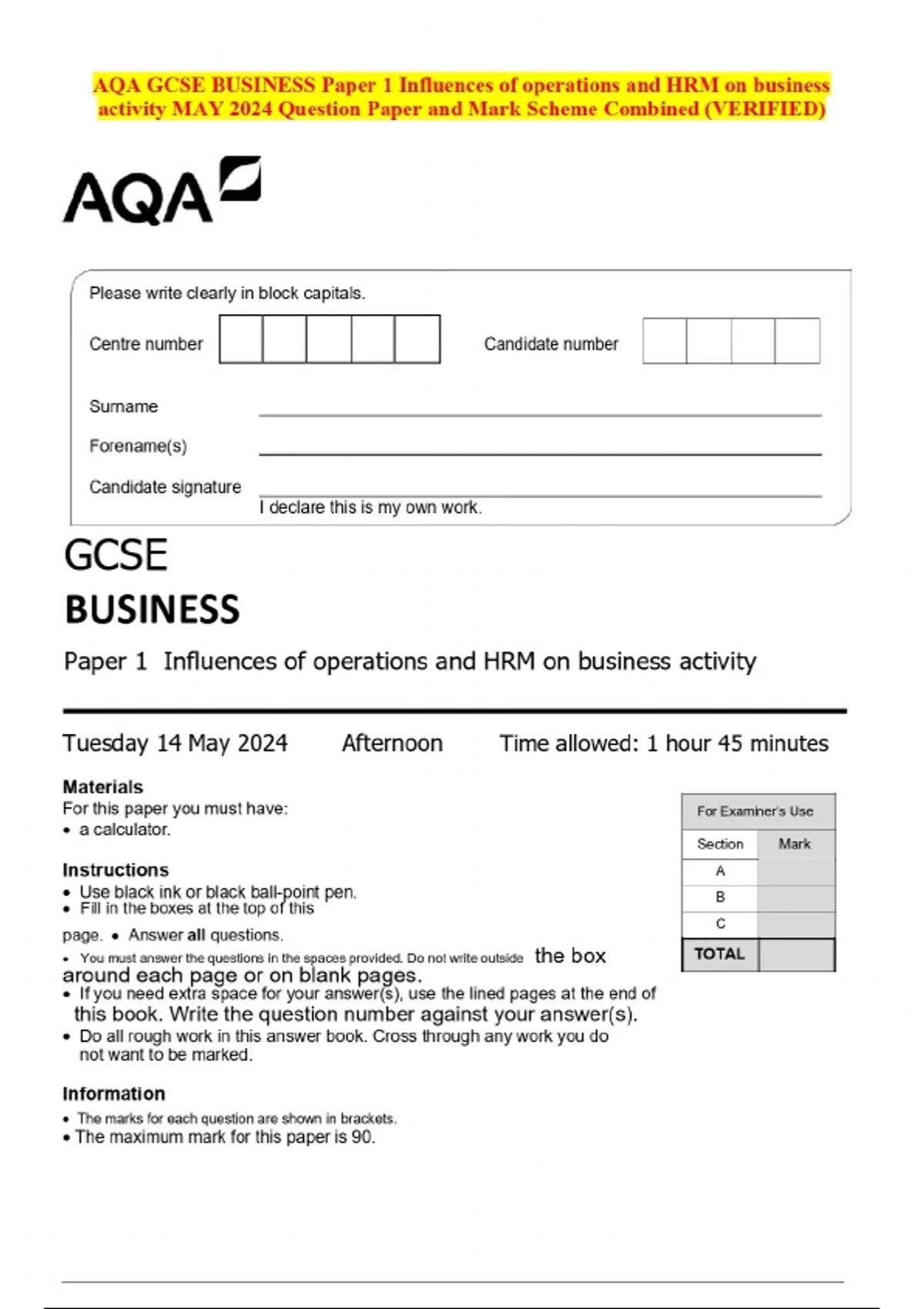 AQA GCSE BUSINESS Paper 1 Influences of operations and HRM on business ...