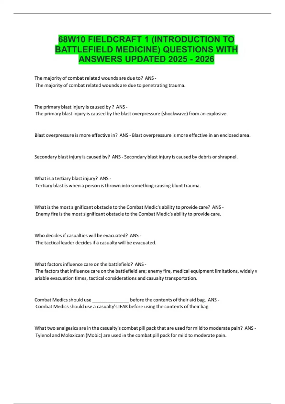 68W10 FIELDCRAFT 1 (INTRODUCTION TO BATTLEFIELD MEDICINE) QUESTIONS ...