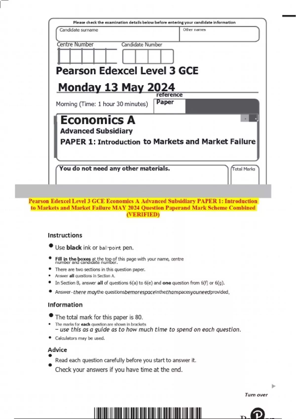 Pearson Edexcel Level 3 GCE Economics A Advanced Subsidiary PAPER 1 ...