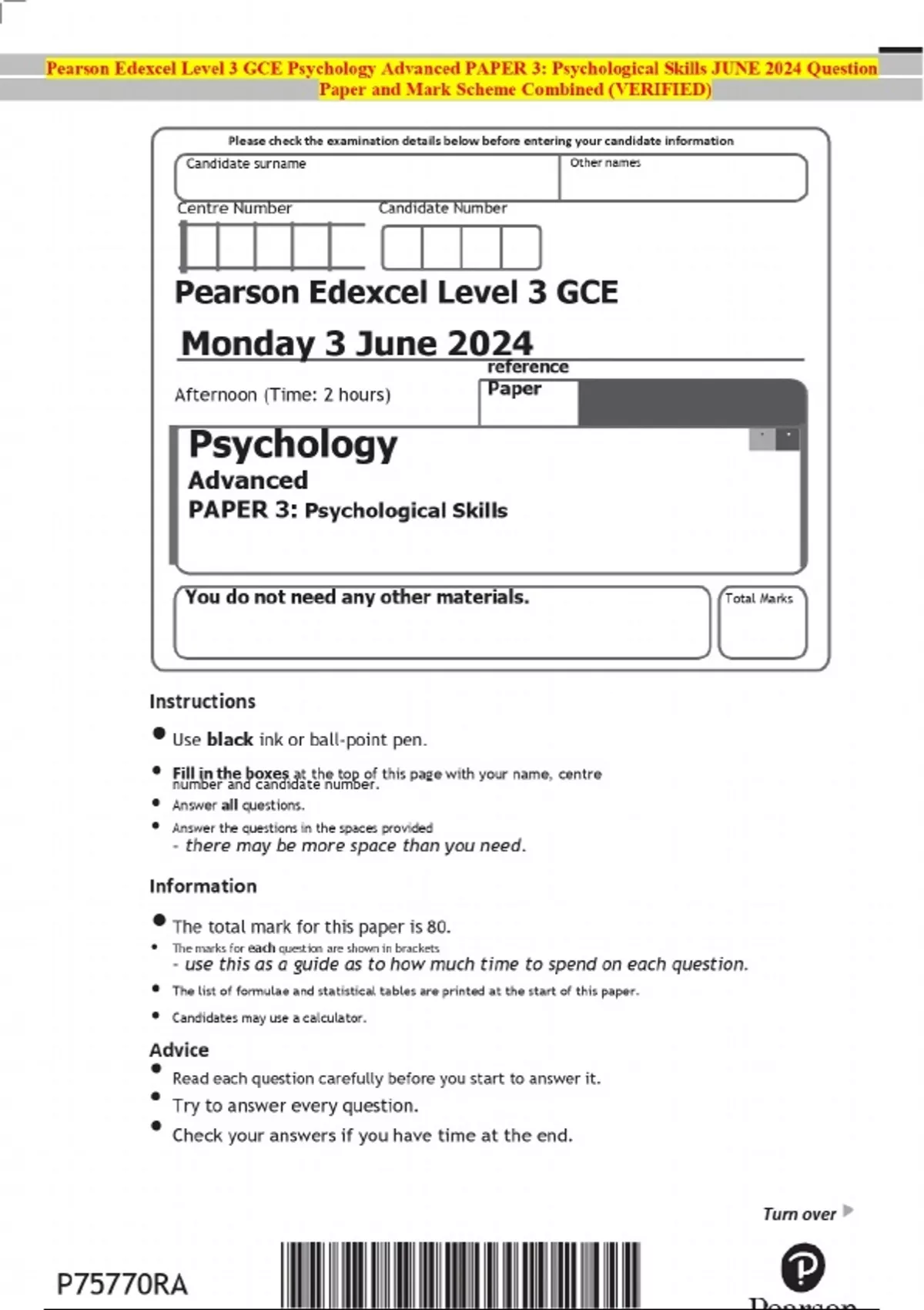Pearson Edexcel Level 3 GCE Psychology Advanced PAPER 3: Psychological ...