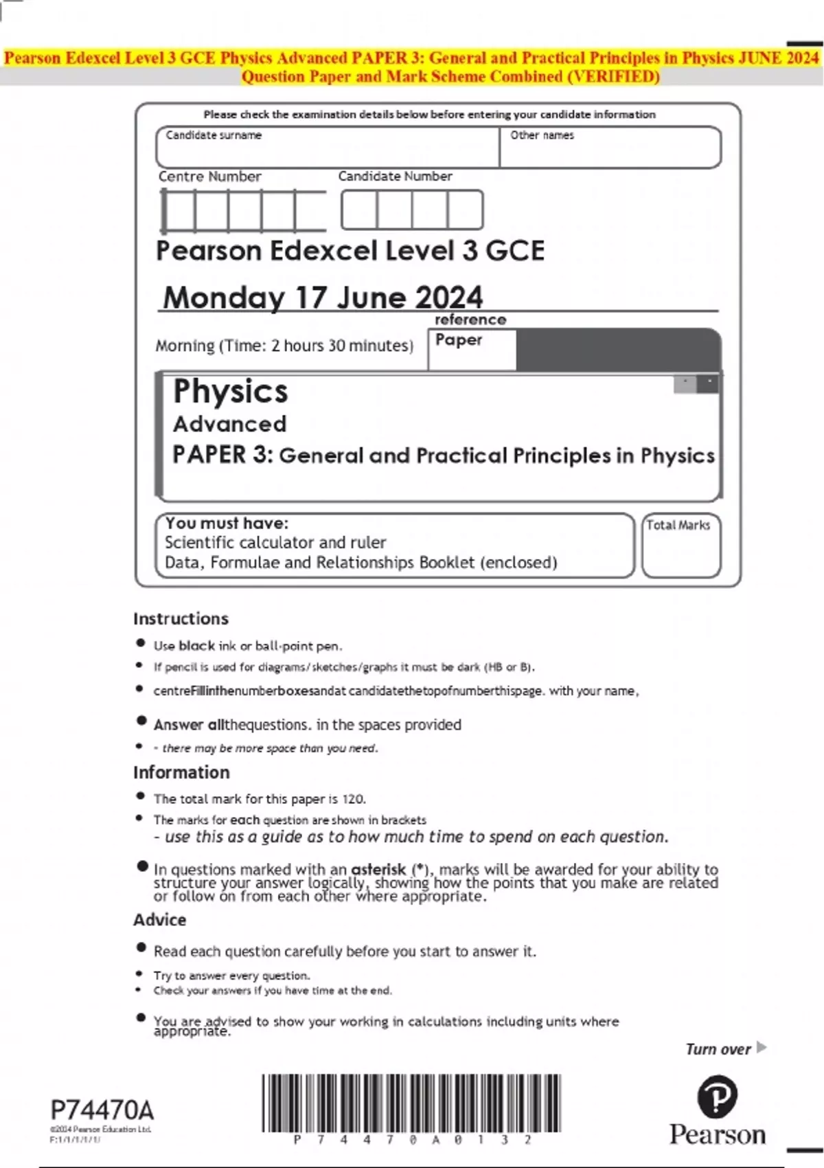 Pearson Edexcel Level 3 GCE Physics Advanced PAPER 3: General and ...