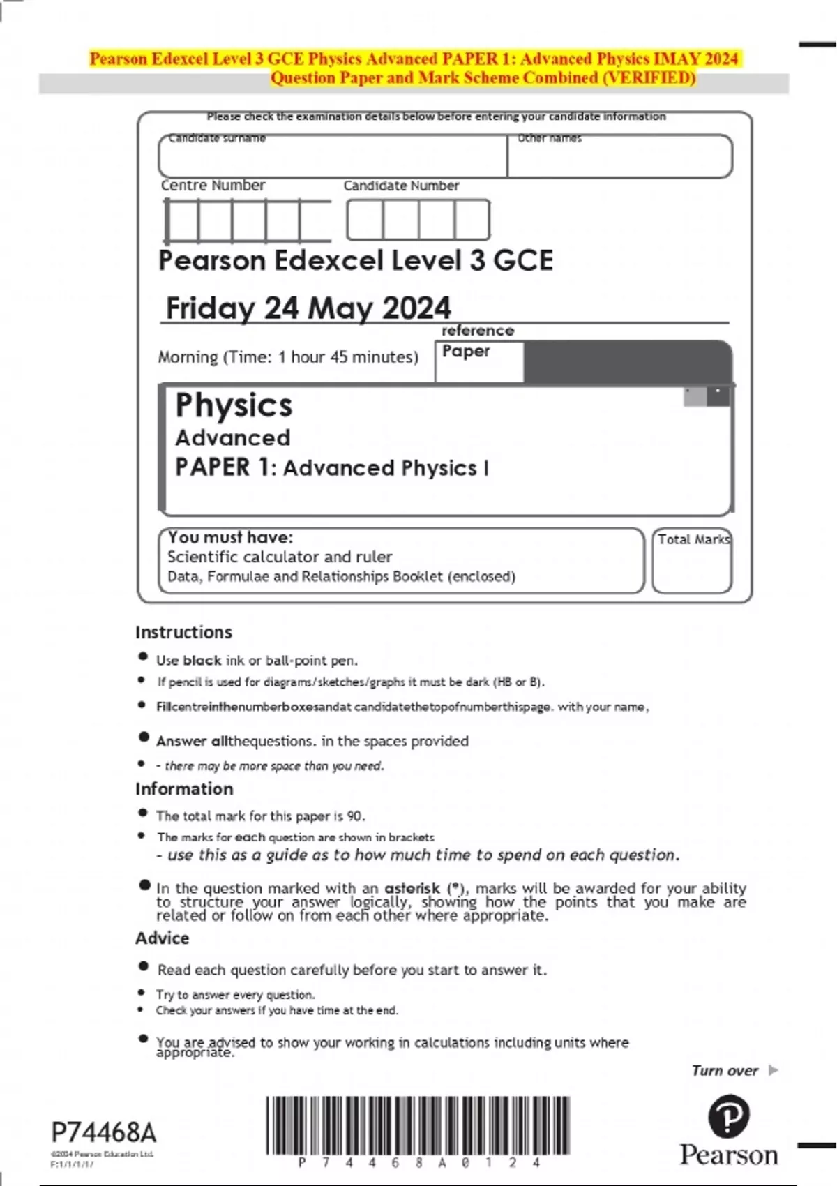 Pearson Edexcel Level 3 GCE Physics Advanced PAPER 1: Advanced Physics ...