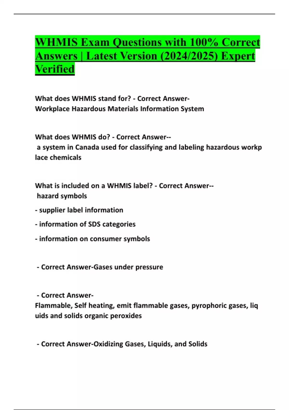 WHMIS Exam Questions with 100% Correct Answers | Latest Version (2024/ ...