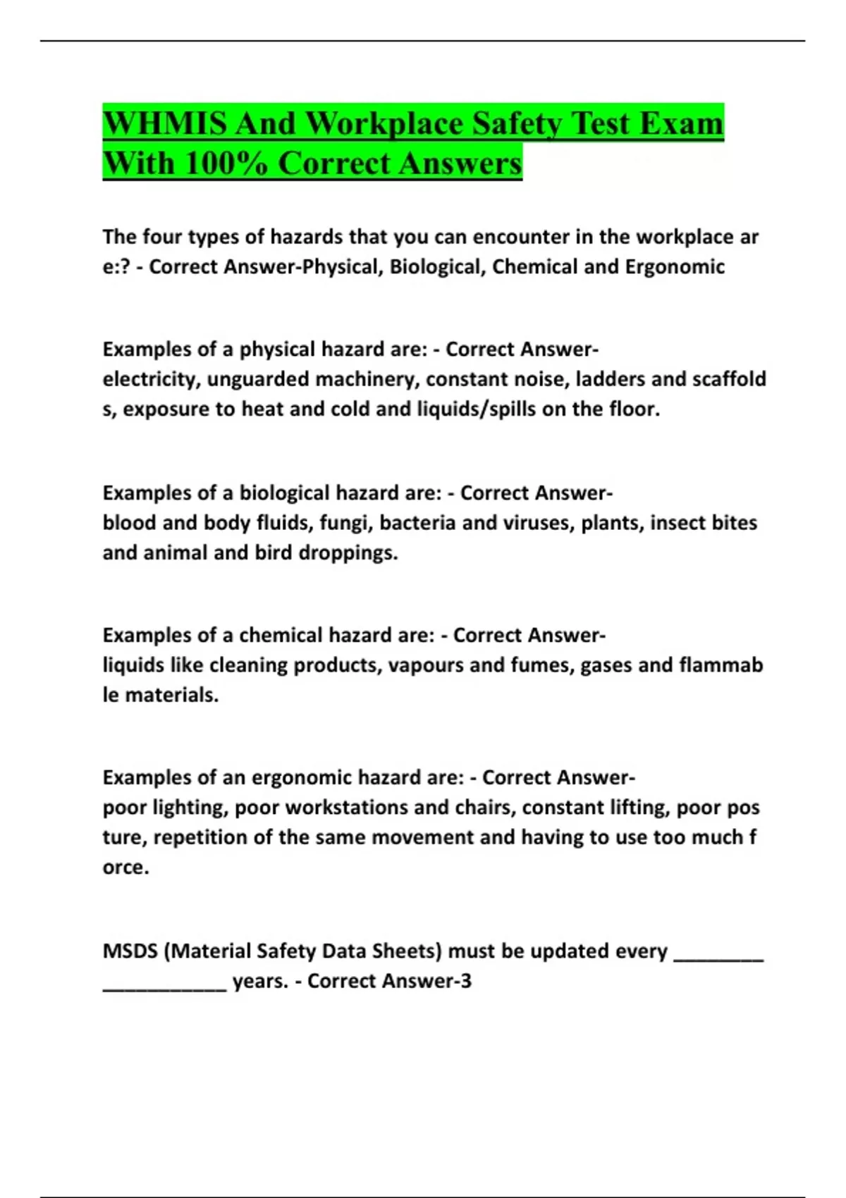 WHMIS And Workplace Safety Test Exam With 100% Correct Answers - WHMIS ...