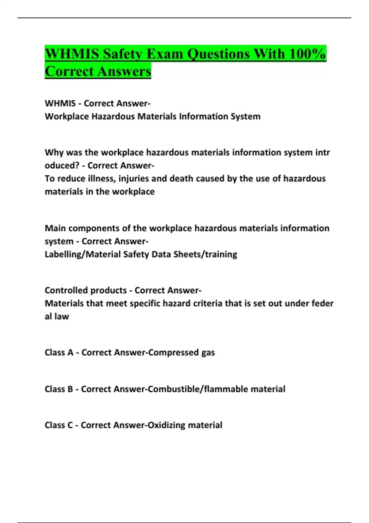 WHMIS Safety Exam Questions With 100% Correct Answers 2025 - WHMIS ...