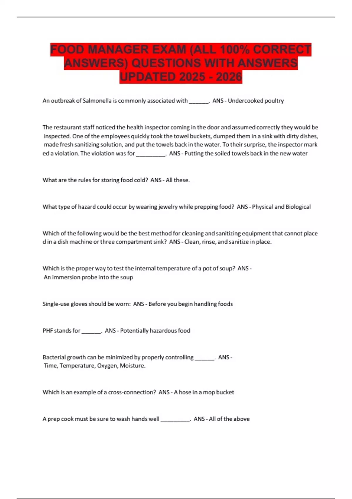 FOOD MANAGER EXAM (ALL 100% CORRECT ANSWERS) QUESTIONS WITH ANSWERS ...