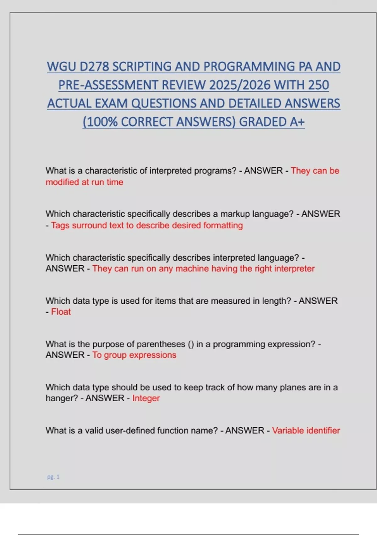 WGU D278 SCRIPTING AND PROGRAMMING PA AND PRE -ASSESSMENT REVIEW 2025/2026 WITH 250 ACTUAL EXAM ...