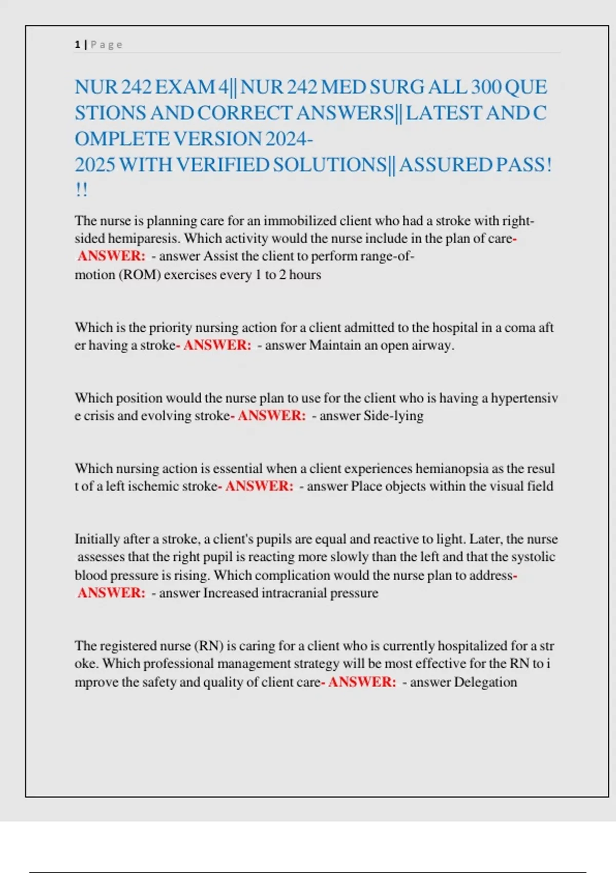 Exam 5 NUR242 NUR 242 (Updated ) Medical-Surgical Nursing Exam ...