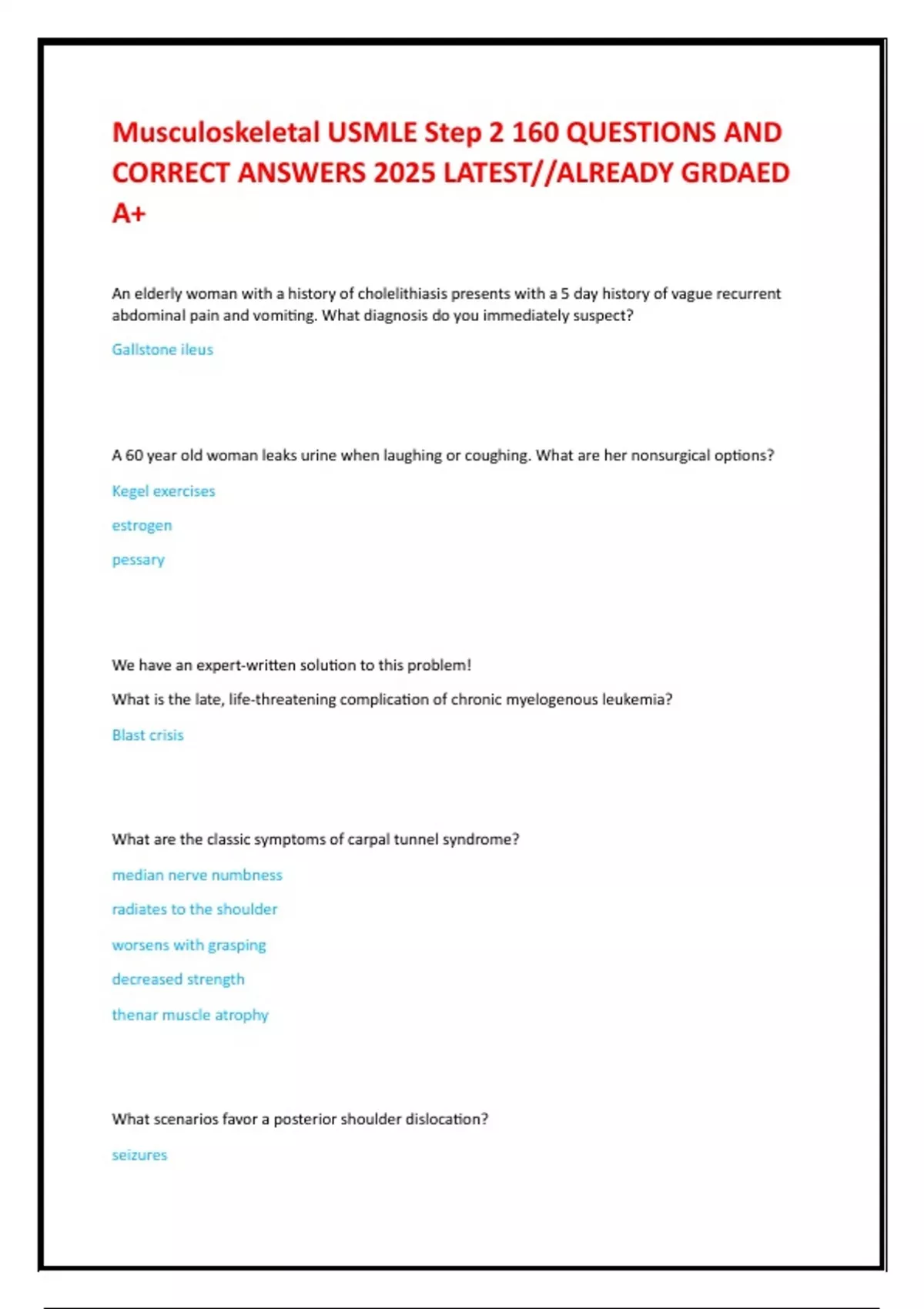 Musculoskeletal USMLE Step 2 160 QUESTIONS AND CORRECT ANSWERS 2025 ...