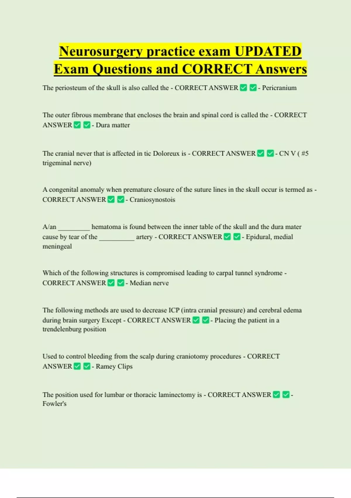 Neurosurgery practice exam UPDATED Exam Questions and CORRECT Answers ...